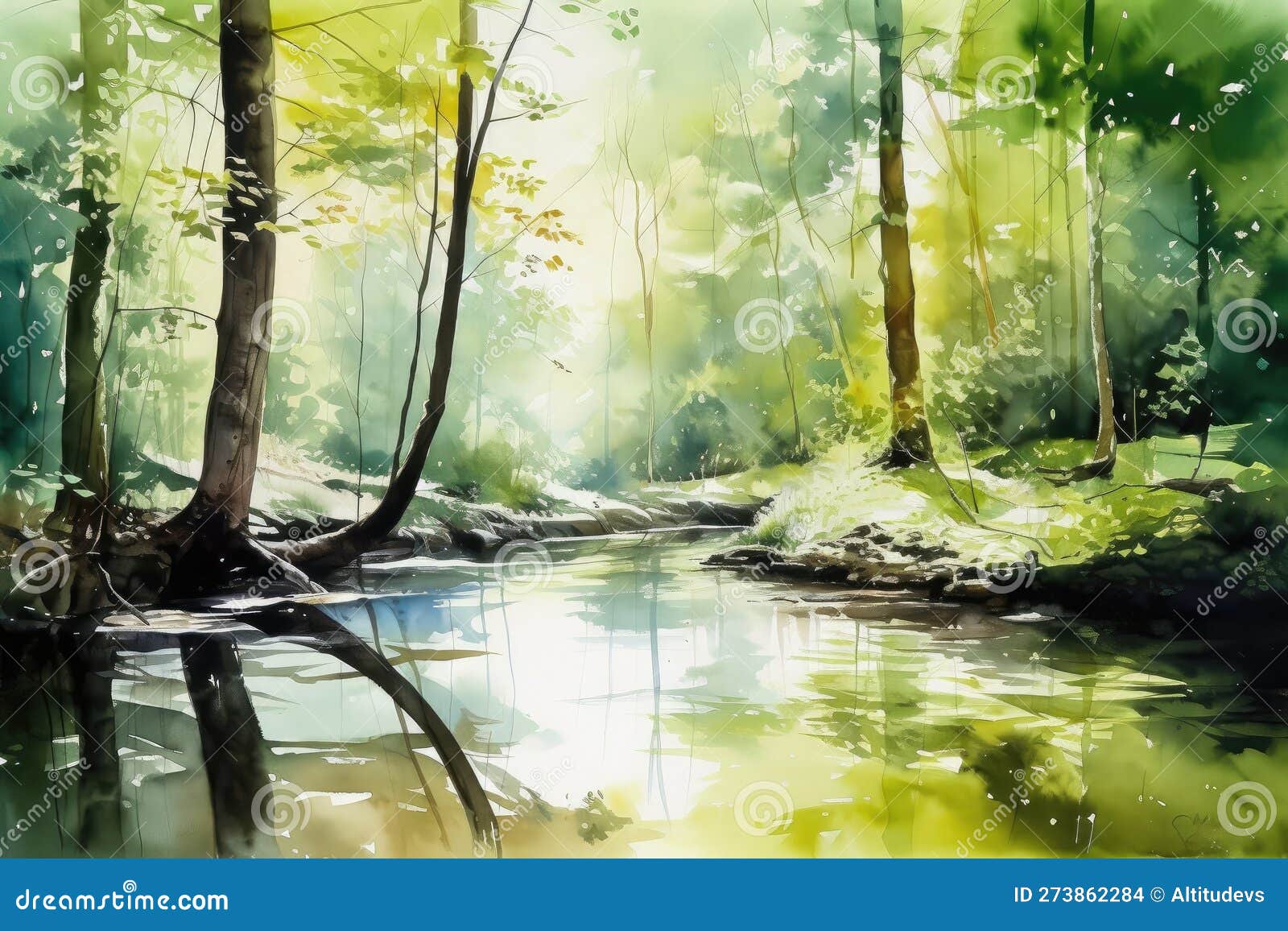 Watercolor Illustration of Forest Stream with Reflections and Light ...