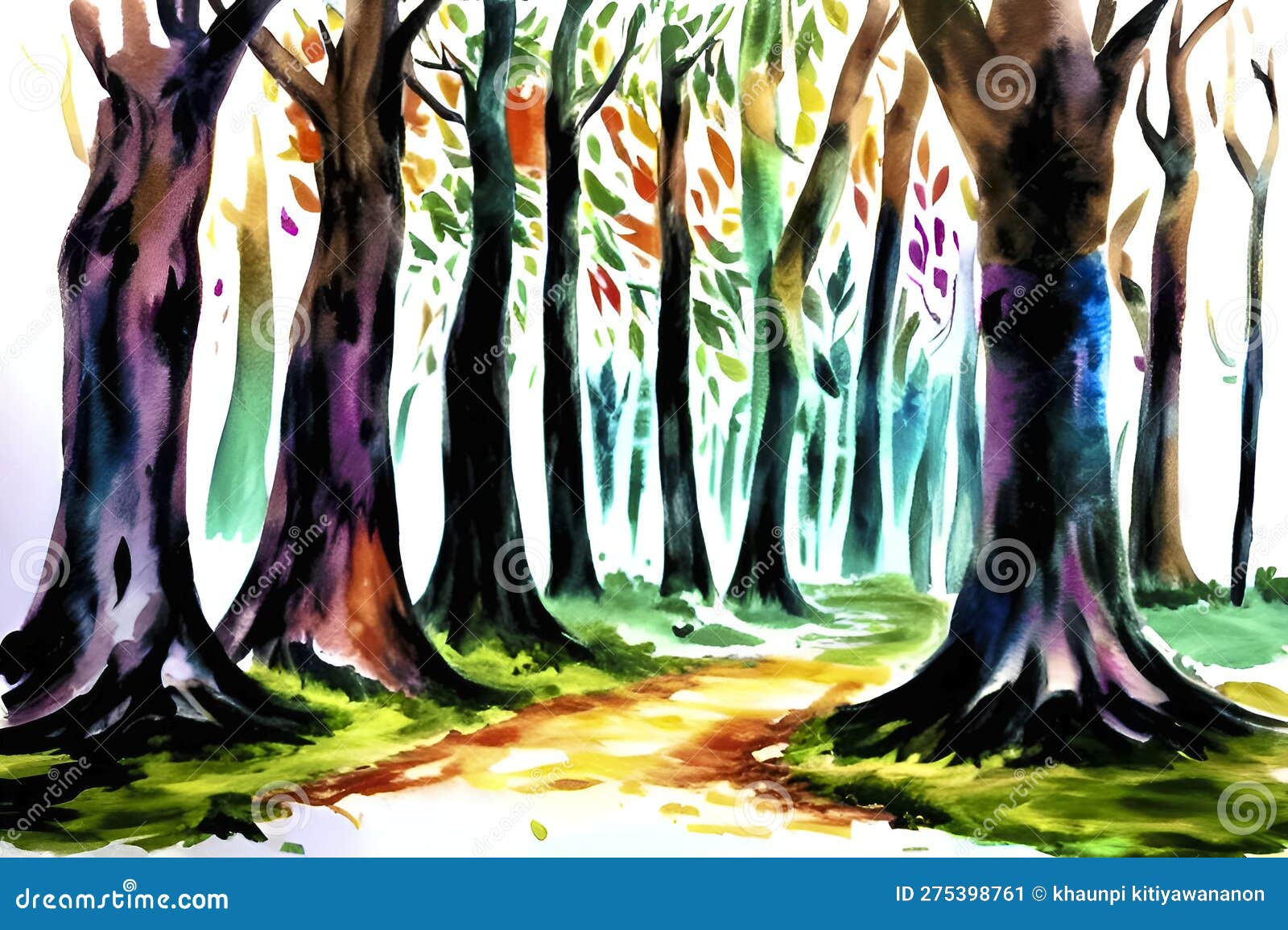 Watercolor Illustration of a Forest with Trees, Leaves and Path Stock ...