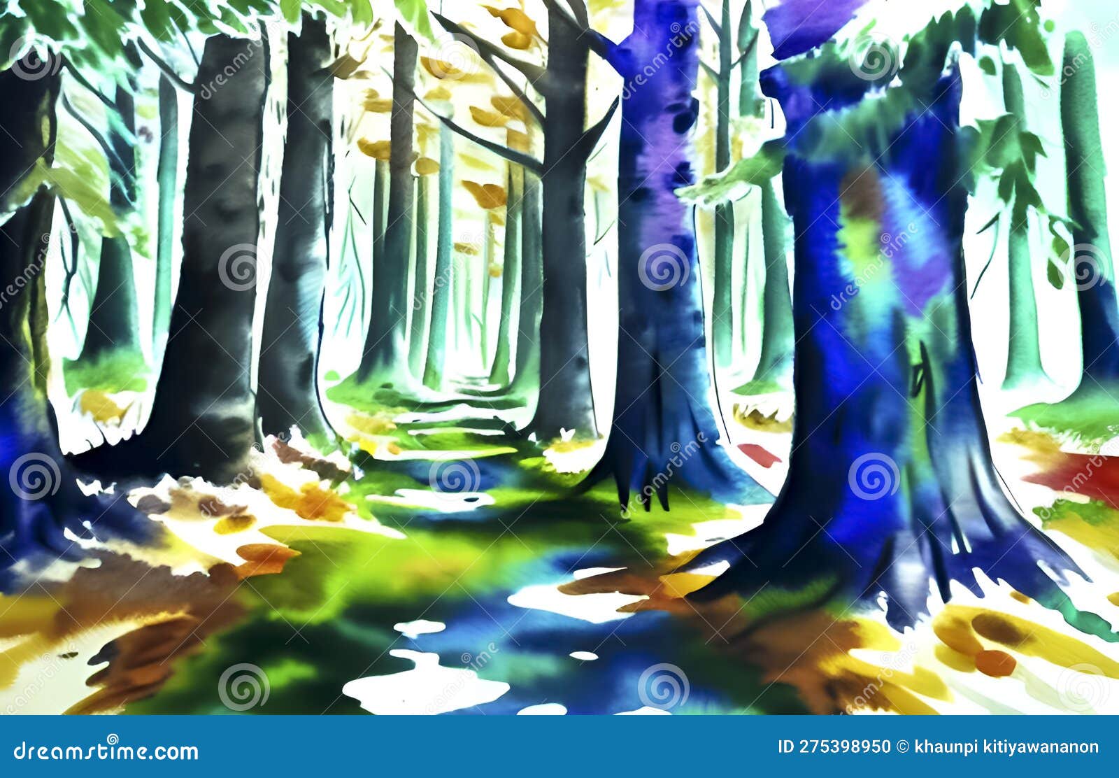 Watercolor Illustration of a Forest with Trees, Leaves and Path Stock ...
