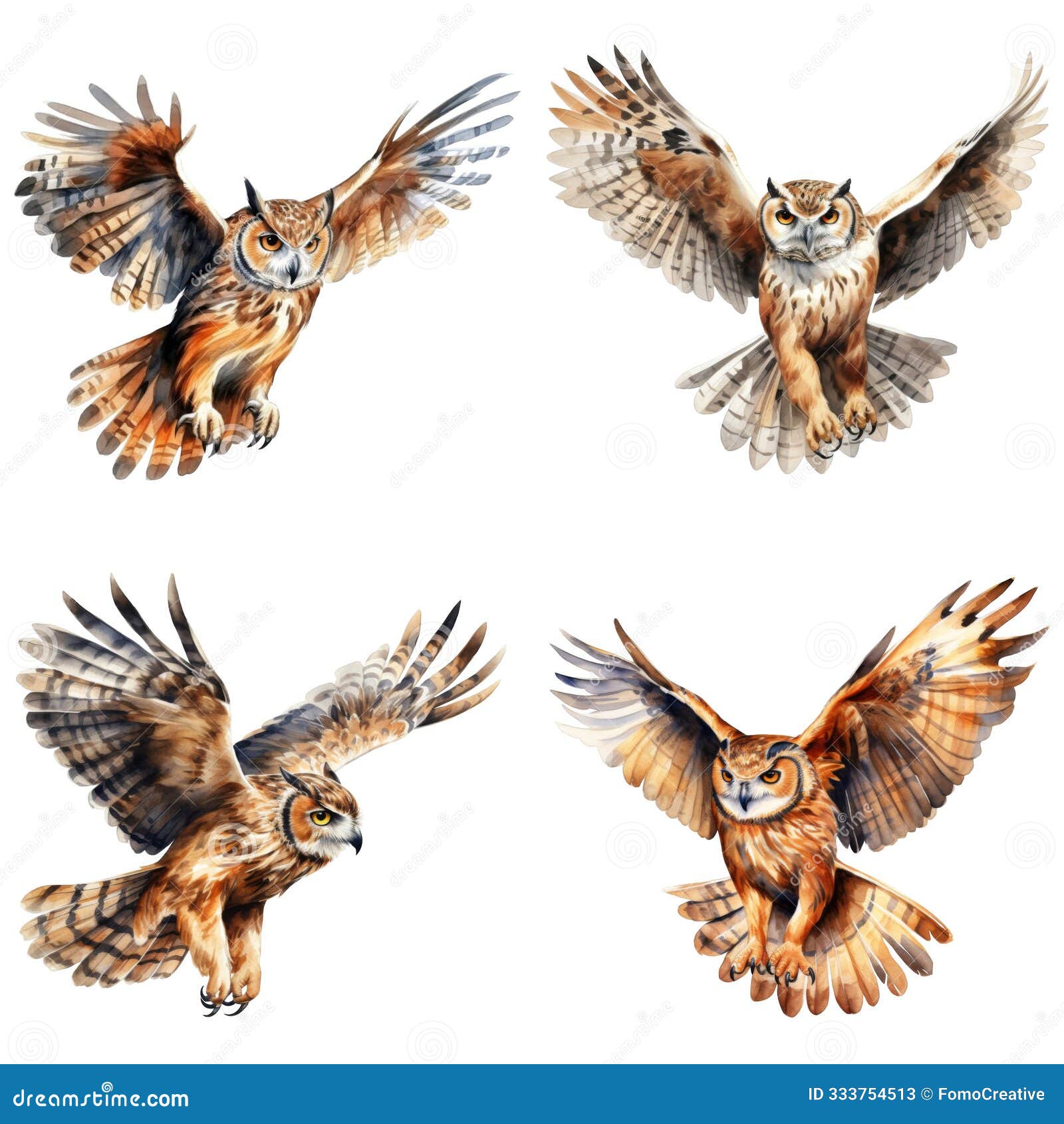 Watercolor Illustration of Four Owls in Flight Stock Image ...