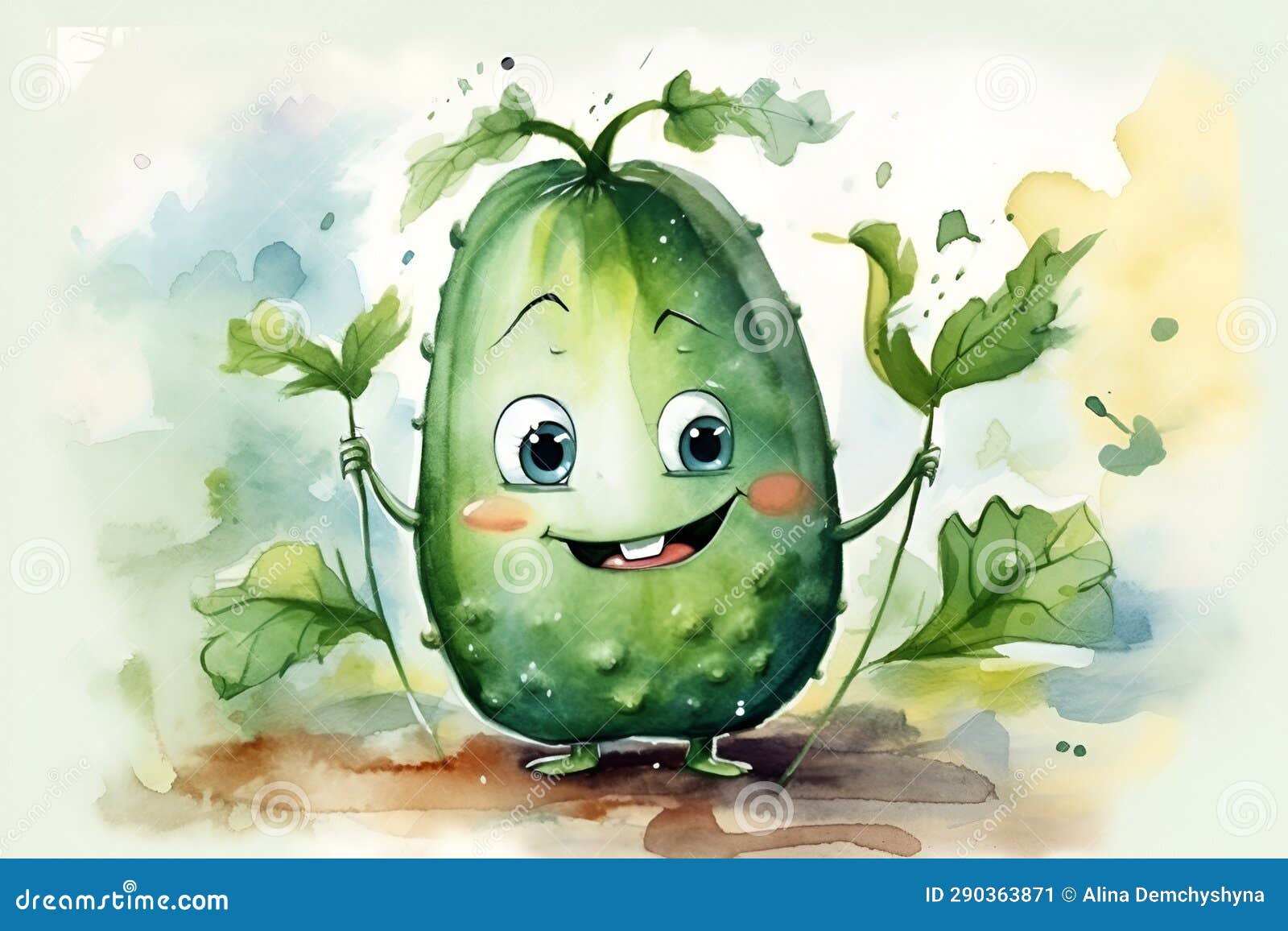 Watercolor Illustration of a Funny Cucumber Character 1 Stock ...