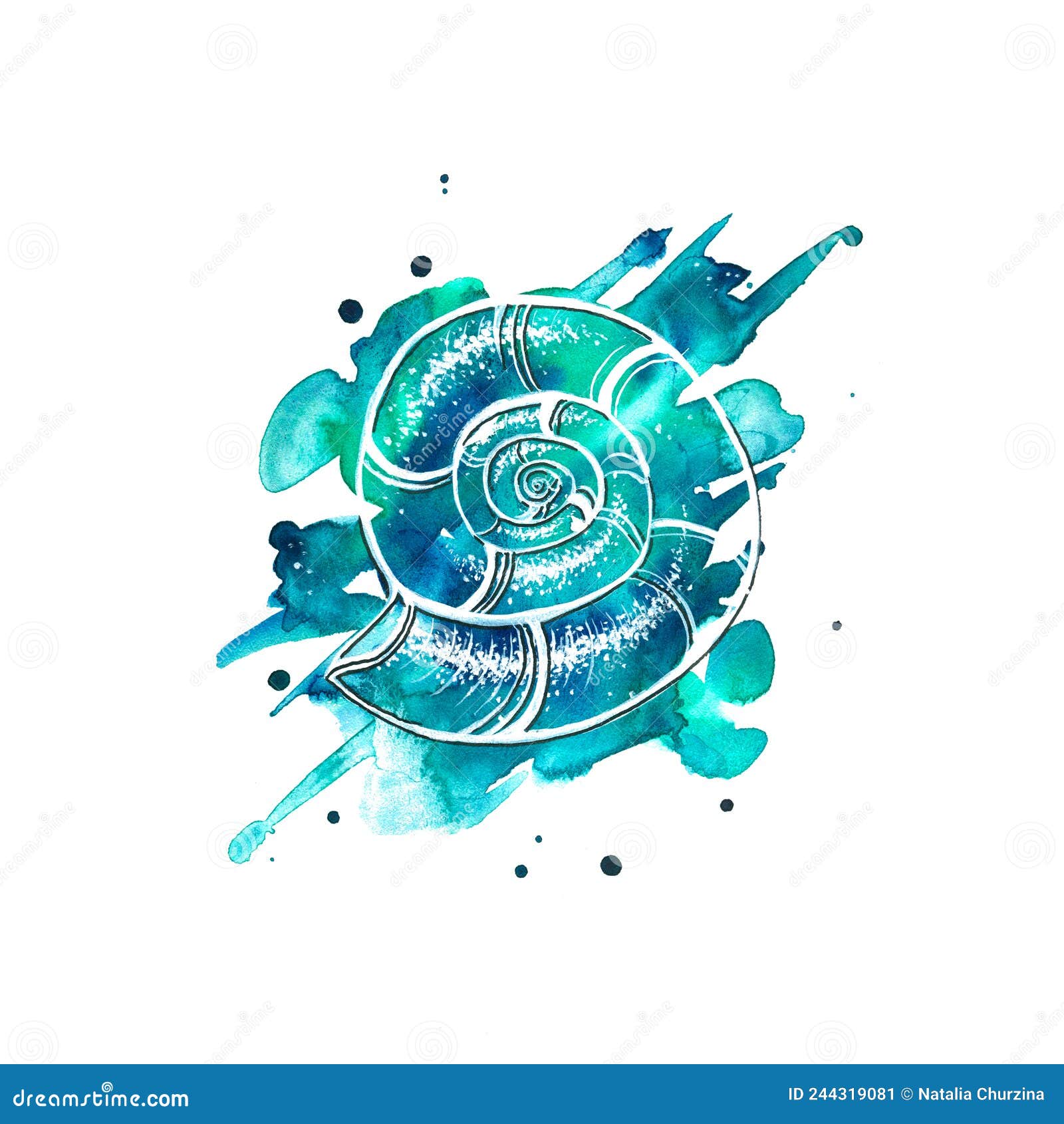 Watercolor Illustration with Graphics. a Hand-drawn Blue Shell with ...