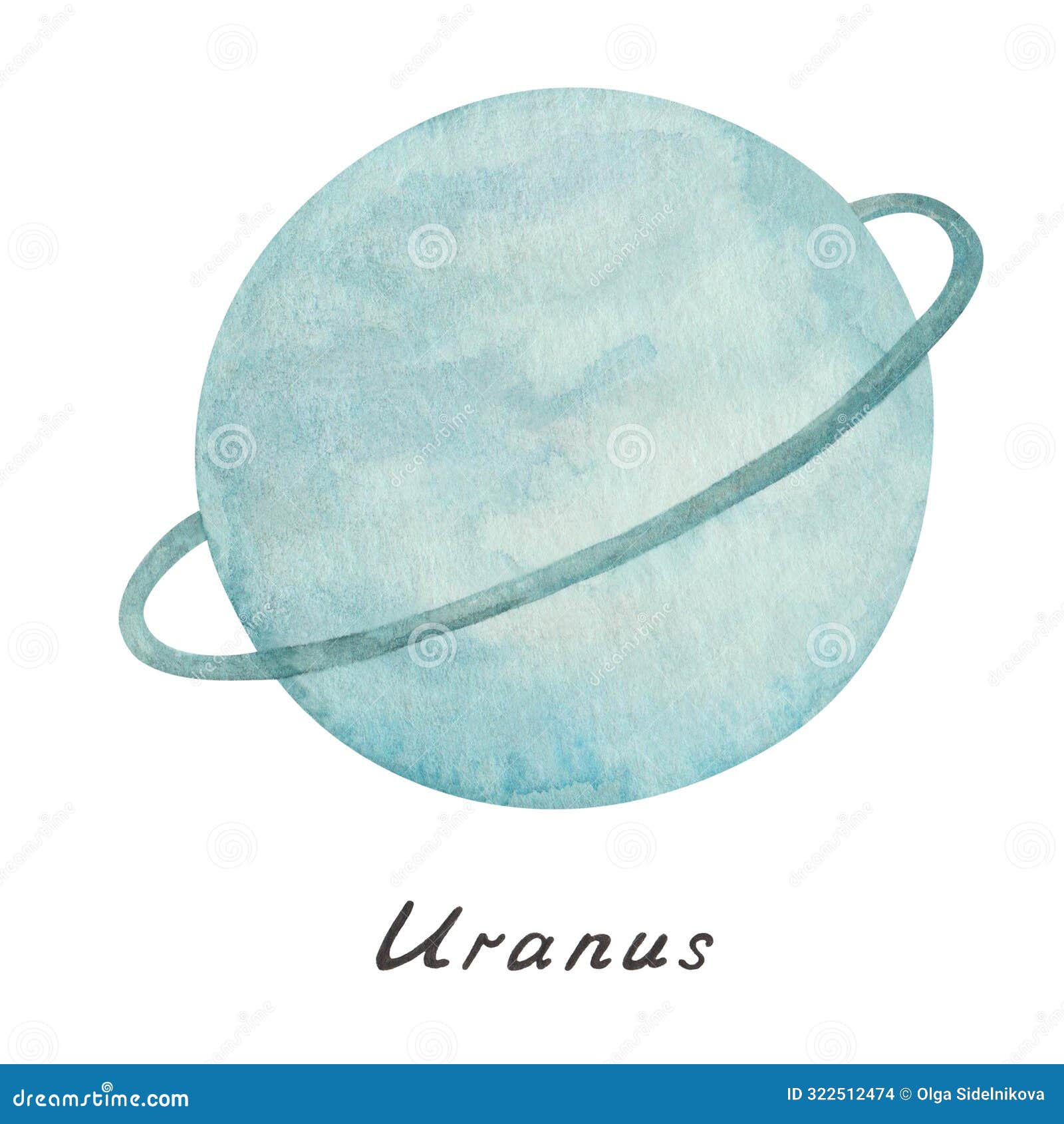 Watercolor Illustration of Hand Painted Blue Planet with Ring Uranus ...