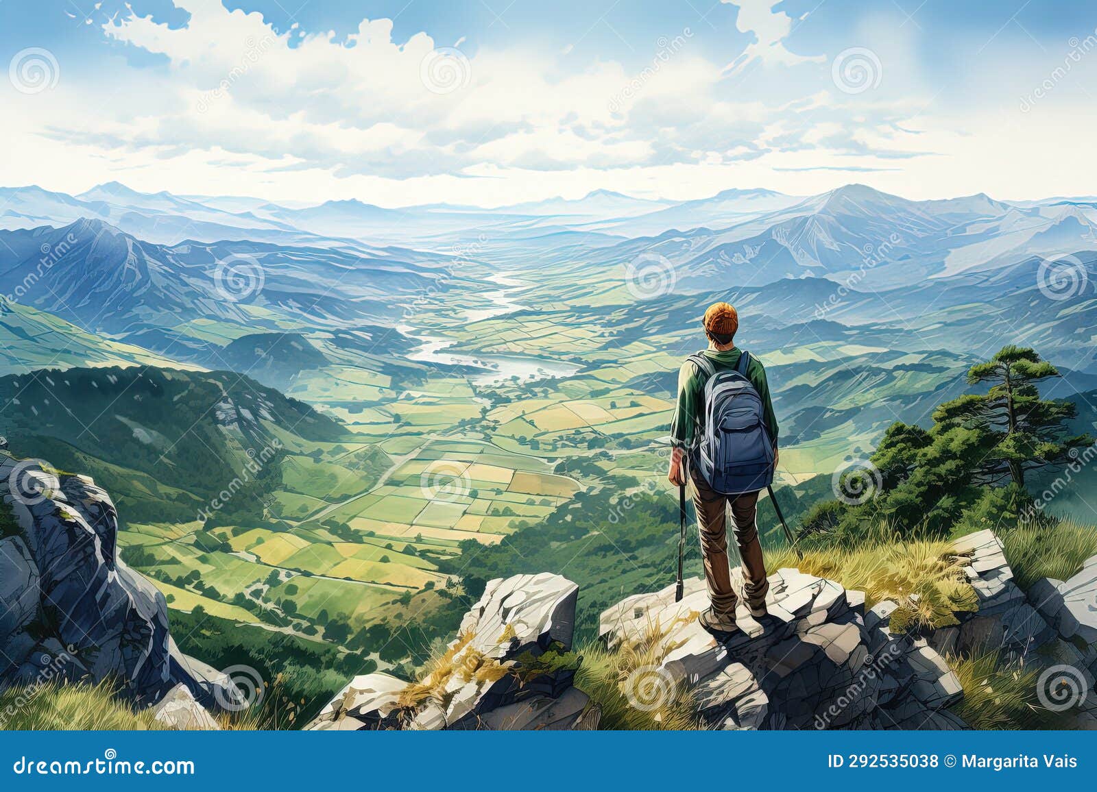 Watercolor Illustration of a Hiker Looking at a Mountain and Fields in ...