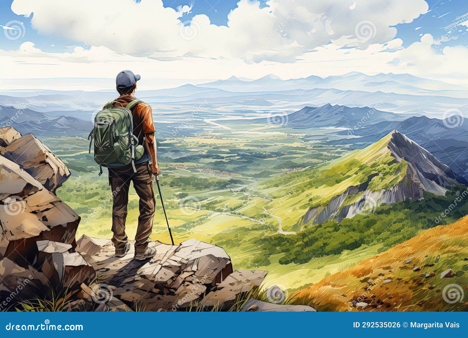 Watercolor Illustration of a Hiker Looking at a Mountain Valley Back ...