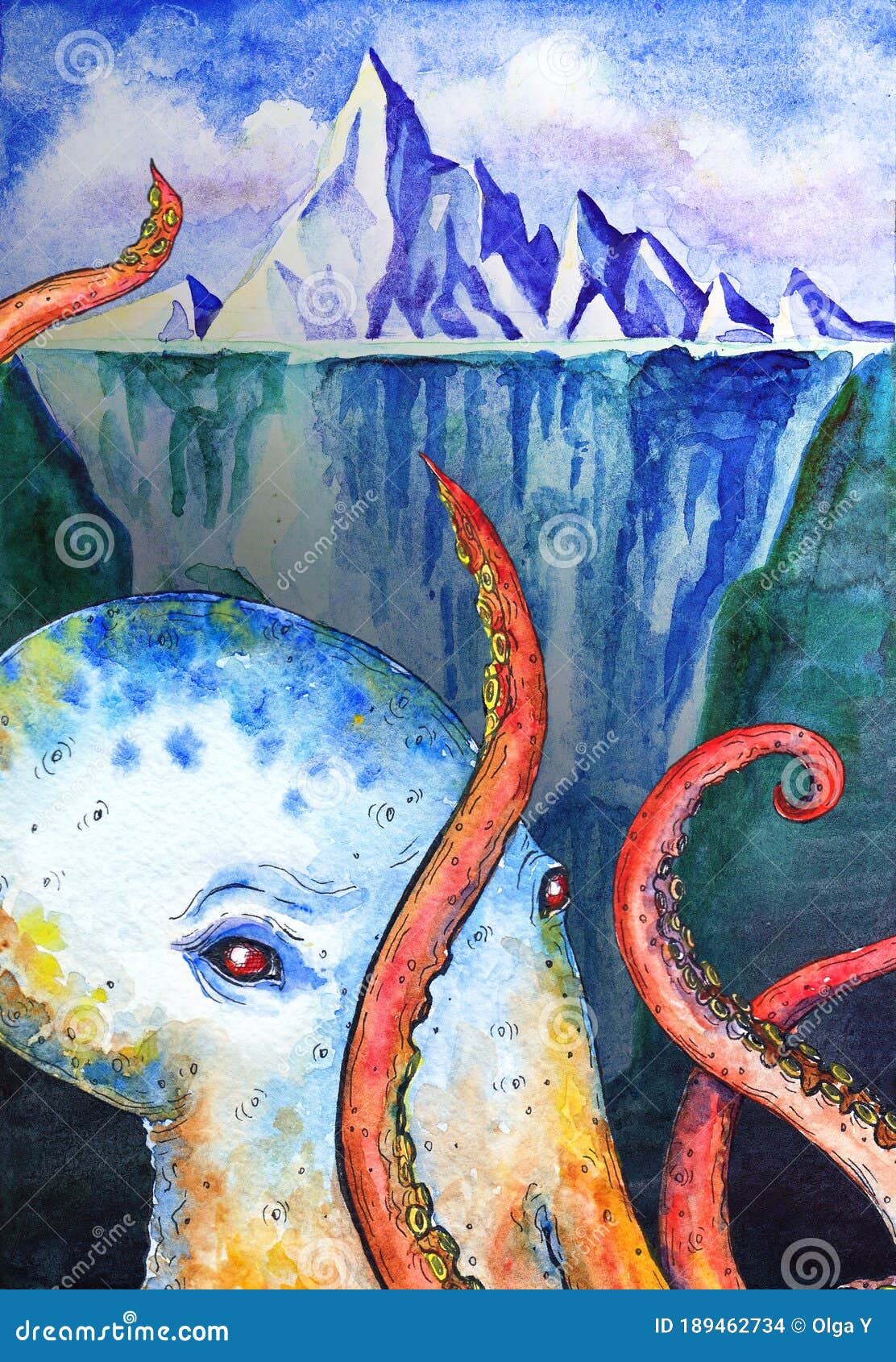 Watercolor Illustration with Iceberg and Octopus Stock Photo - Image of ...