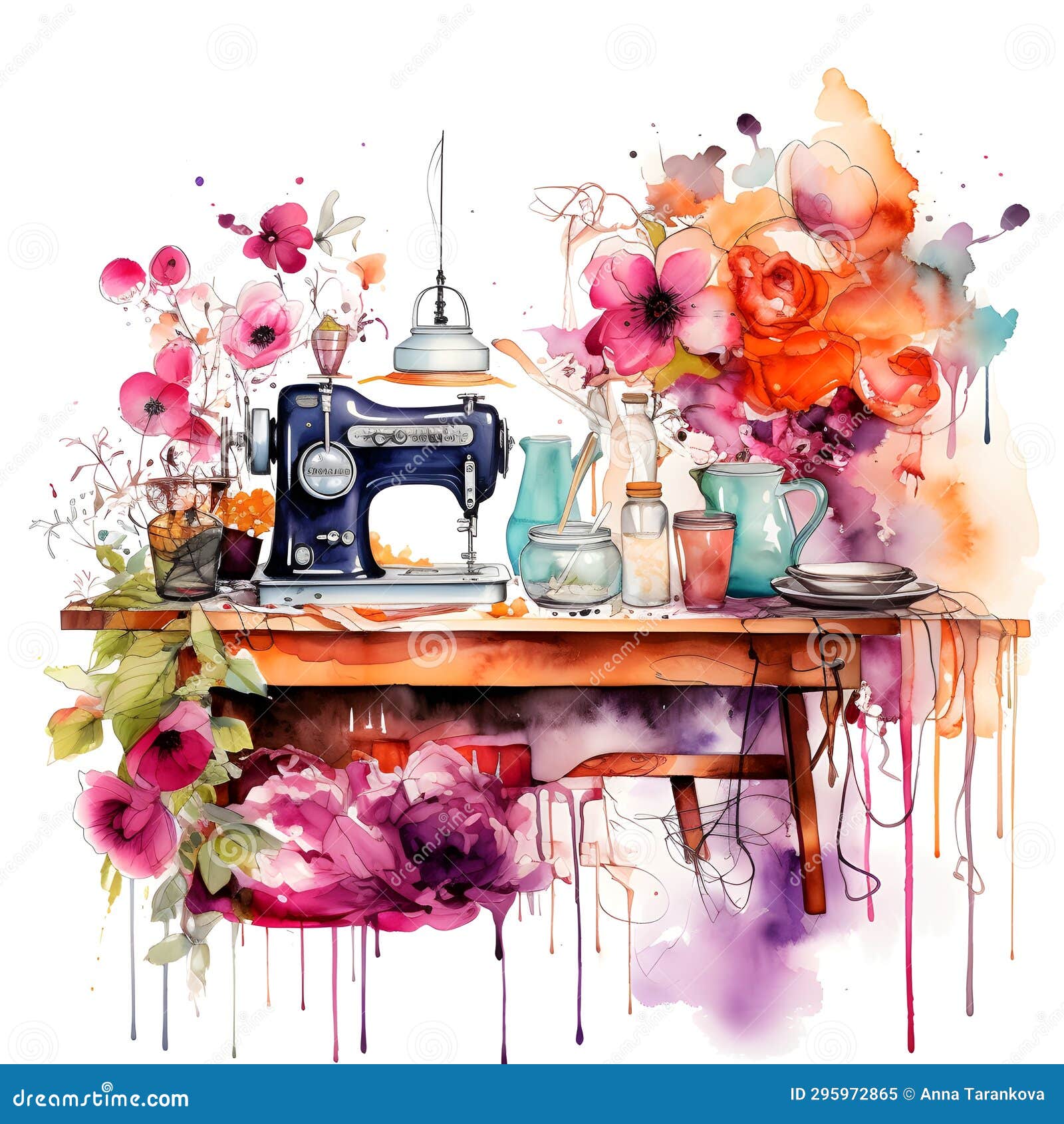 Watercolor Illustration. Kitchen Composition Sewing Machine with ...