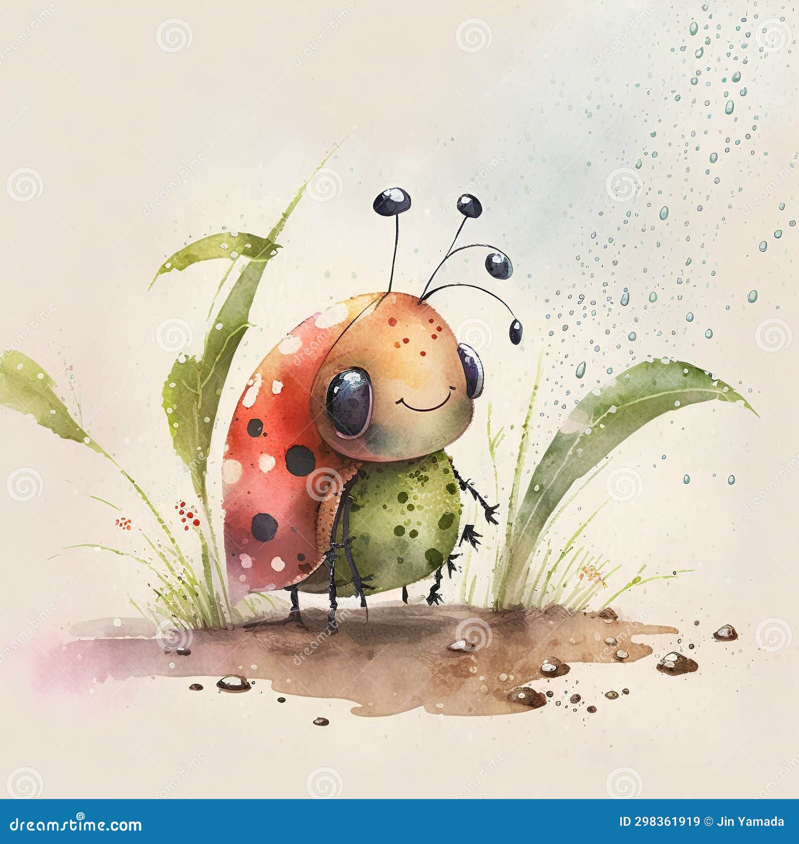Watercolor Illustration of a Ladybug Standing in the Grass on a Rainy ...