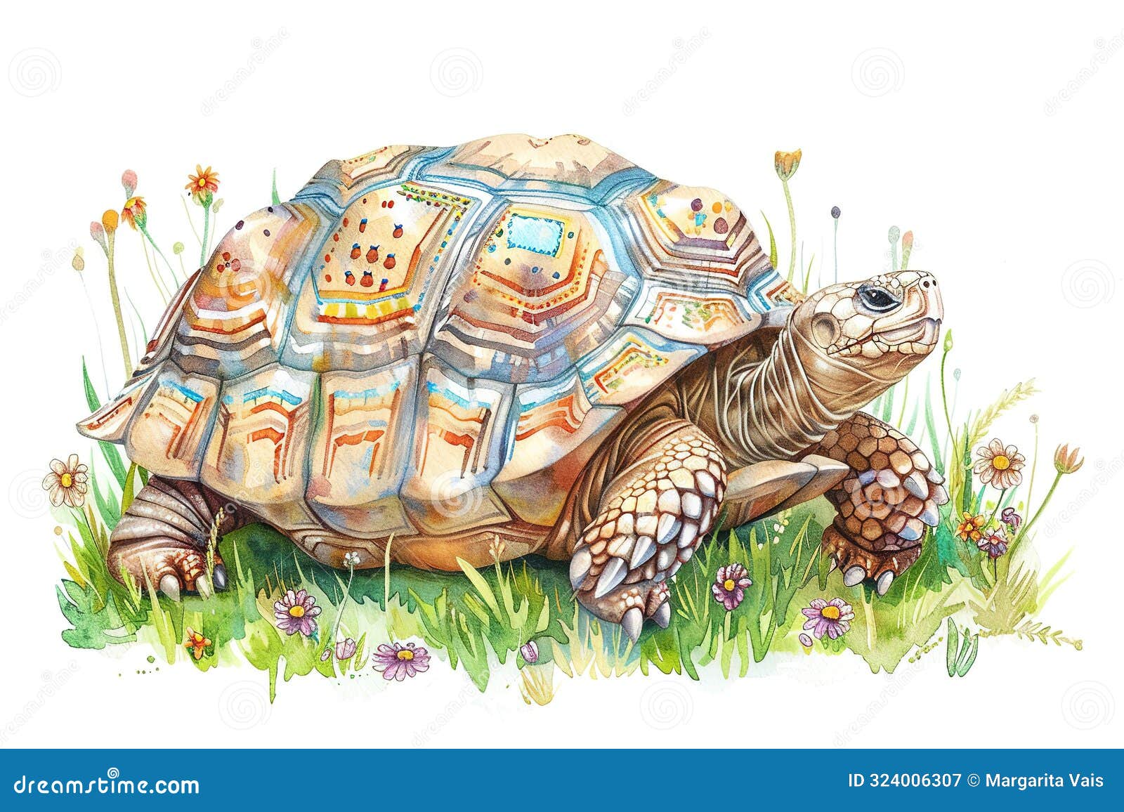 Watercolor Illustration of a Land Turtle on the Grass, Isolated on a ...