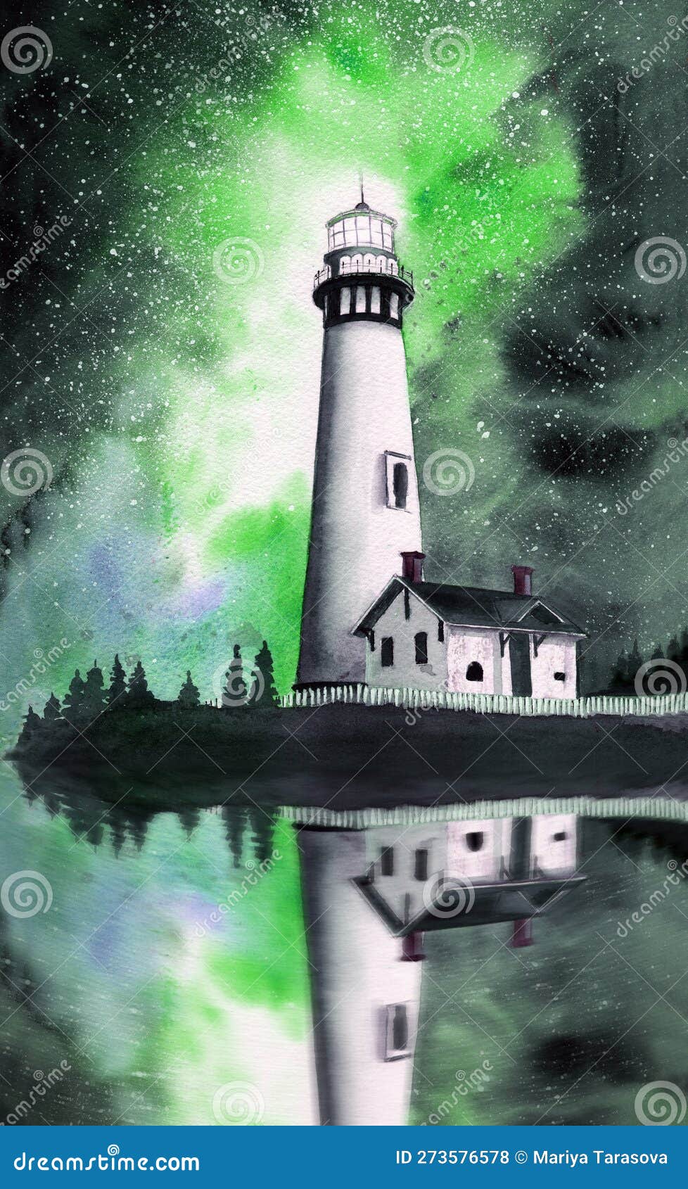 Watercolor Illustration of a Lighthouse on the Hill by the Lake Stock ...