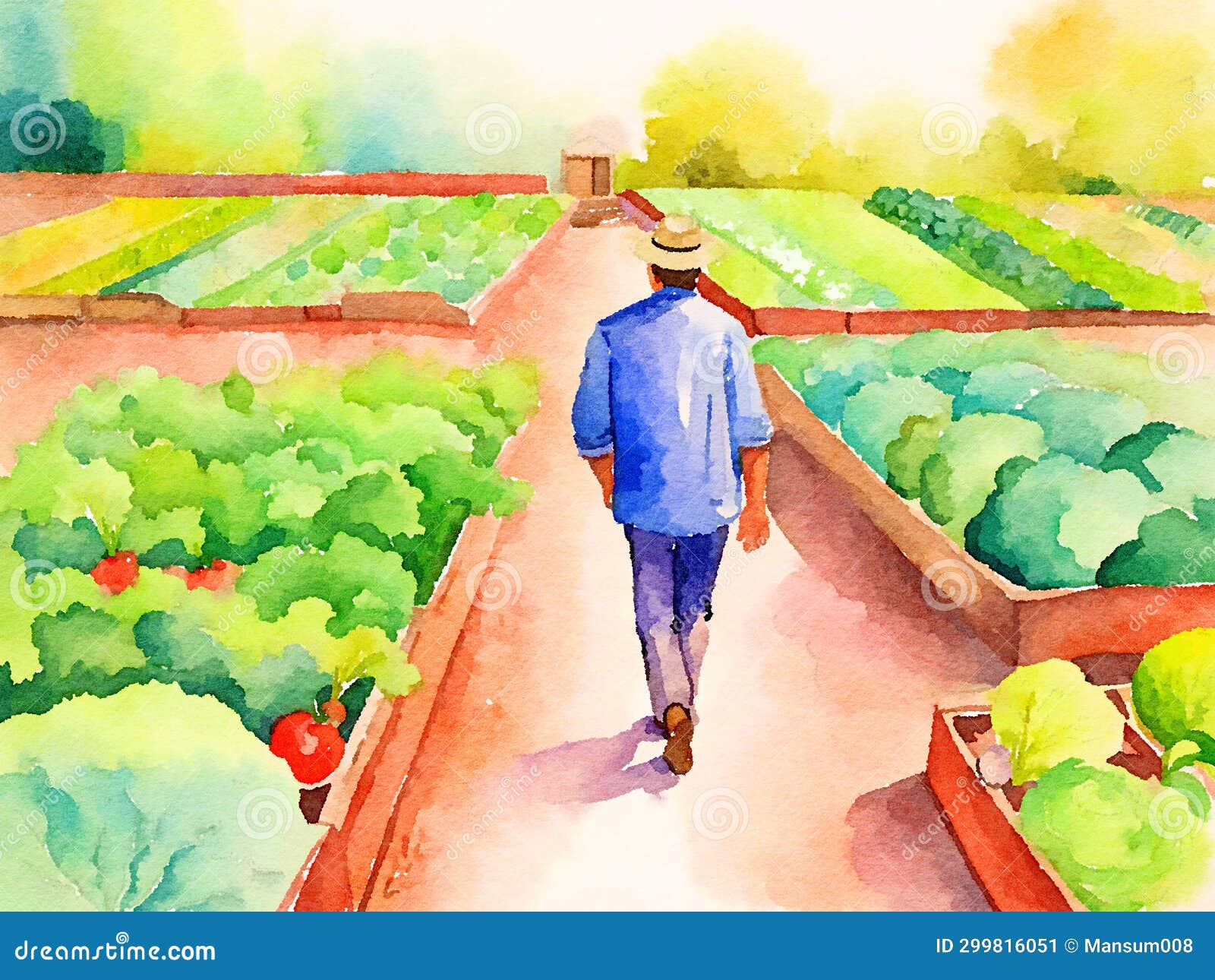 Watercolor Illustration of Man Walking in the Garden Stock Illustration ...