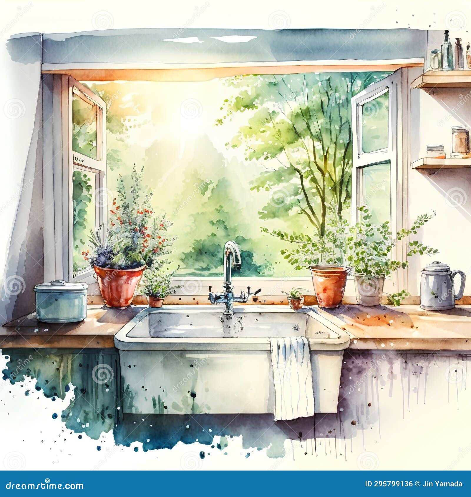 Watercolor Illustration of a Modern Kitchen with a View of the Garden ...