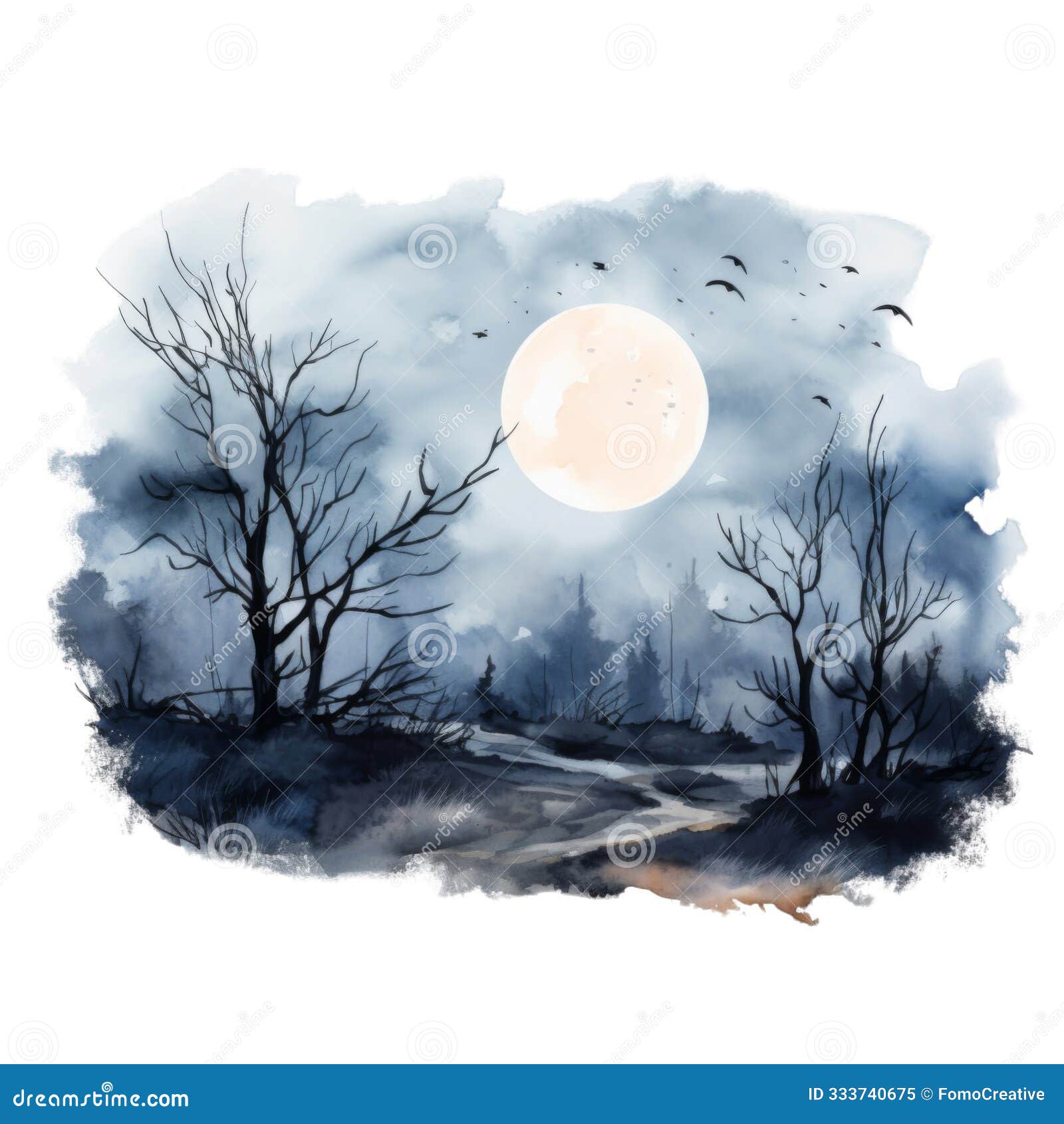 Watercolor Illustration of a Moonlit Forest Path Stock Illustration ...