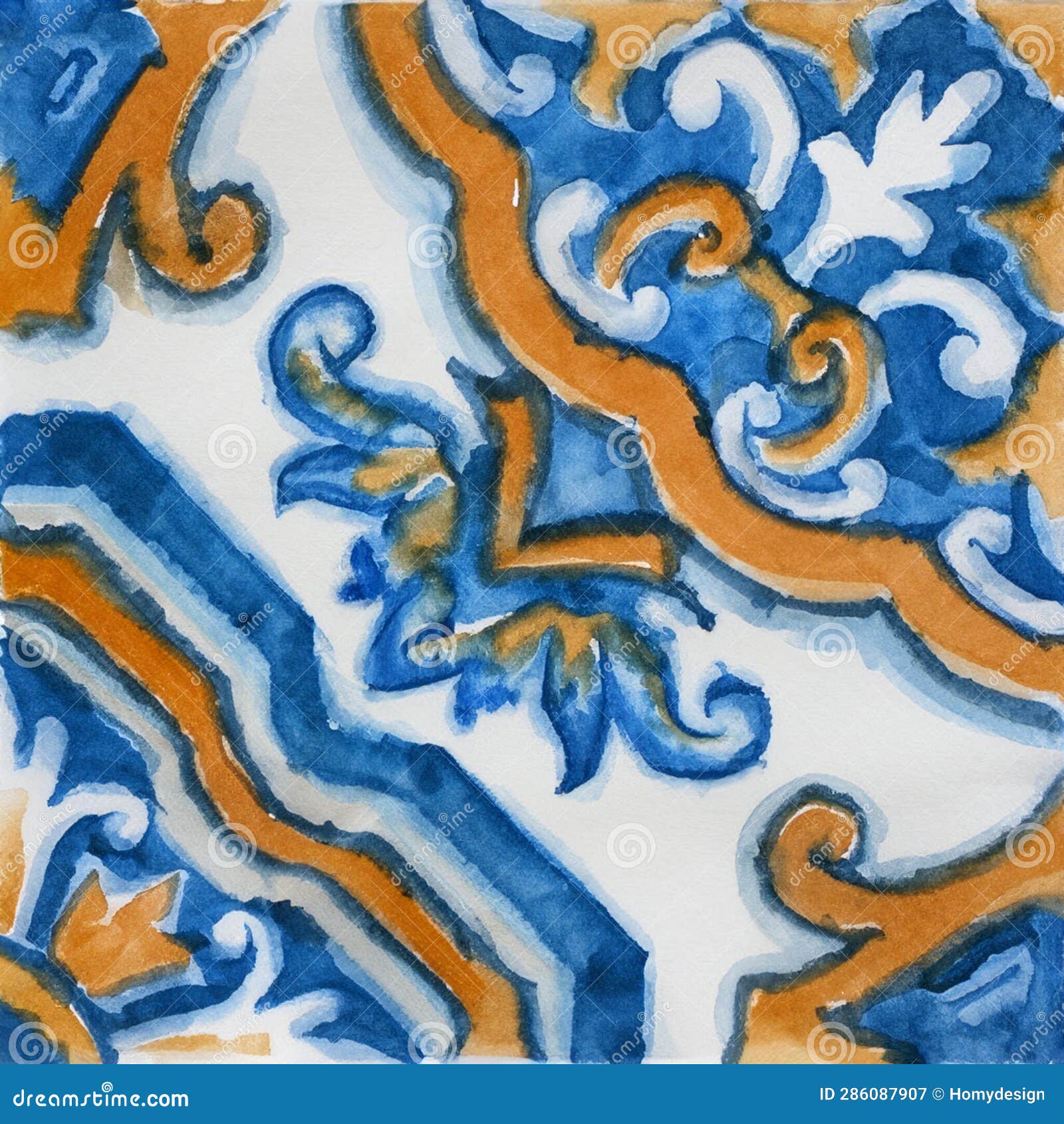 Watercolor Illustration of Portuguese Ceramic Tiles Pattern Stock Image ...