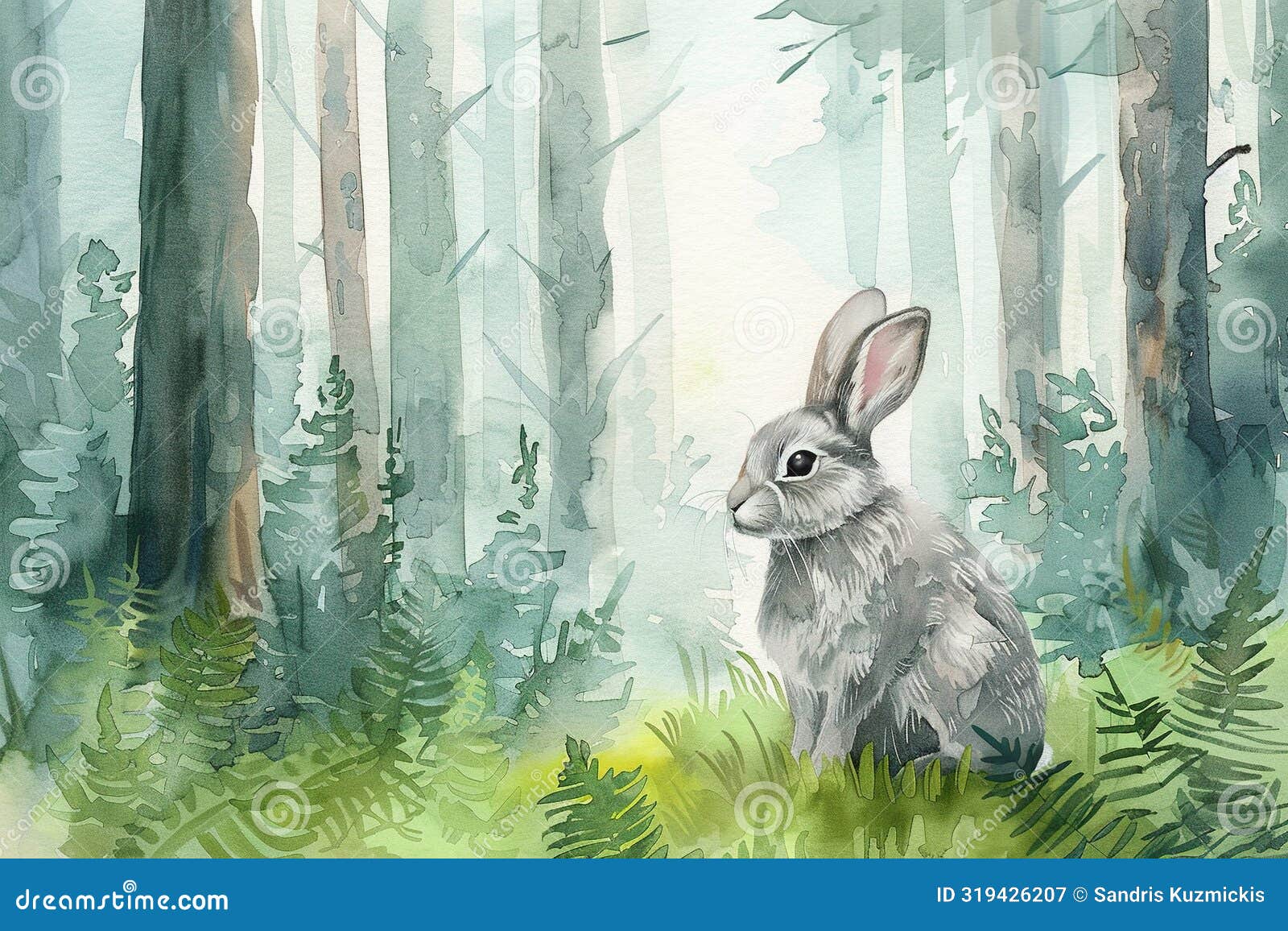 Watercolor Illustration of Rabbit in Forest. Generative AI. Stock ...