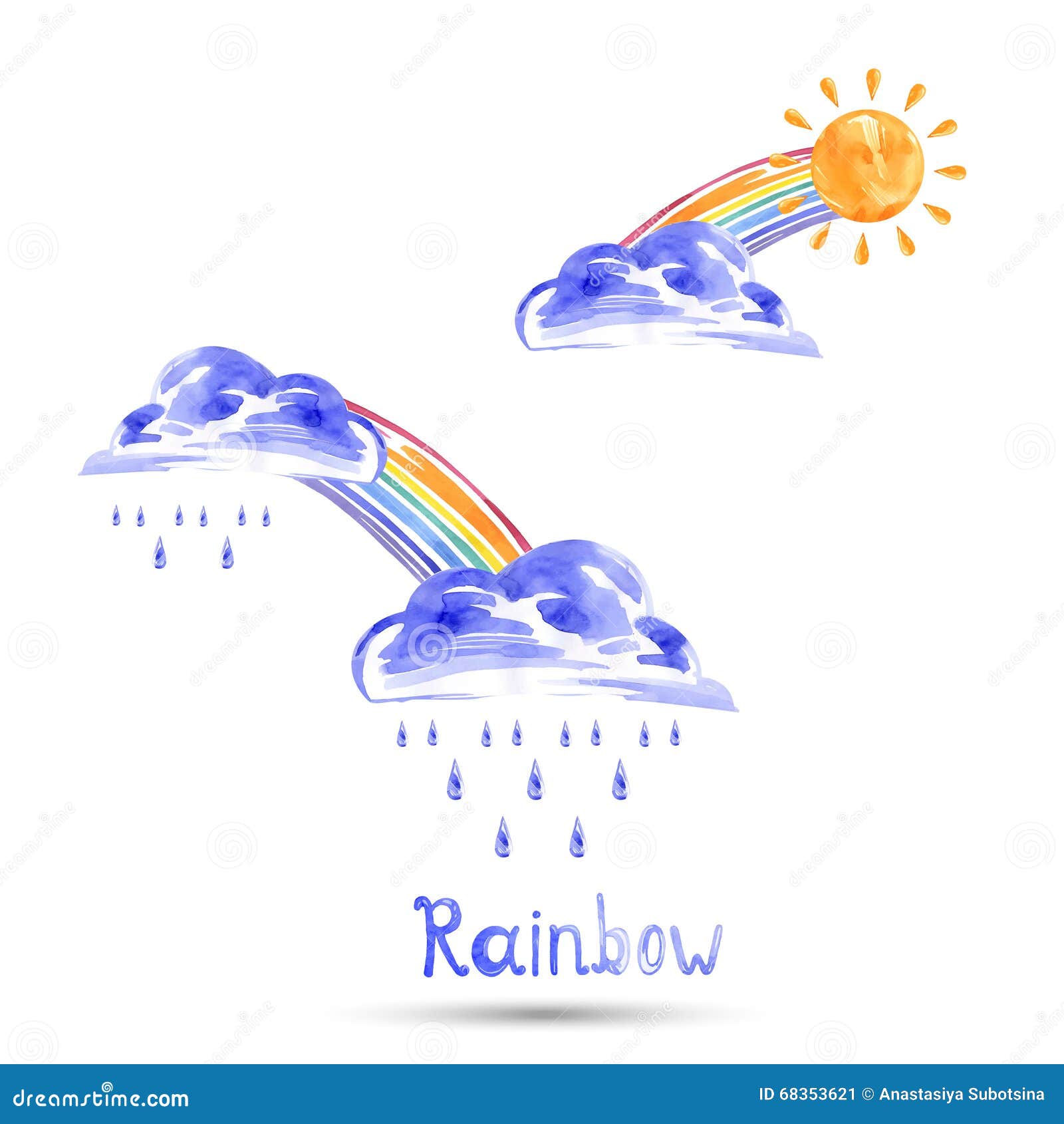 Watercolor Illustration of a Rainbow, Sun and Rain. Stock Vector ...