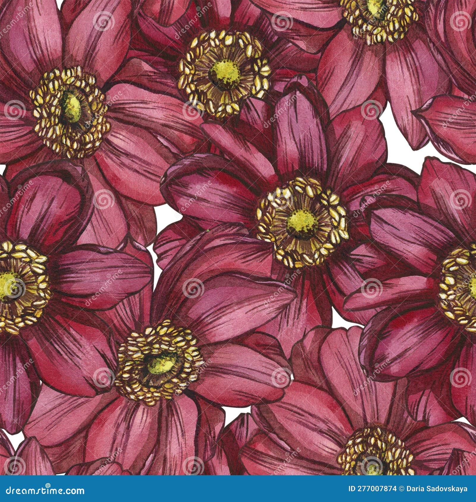 Watercolor Illustration Seamless Pattern With Flowers Of Rich Pink