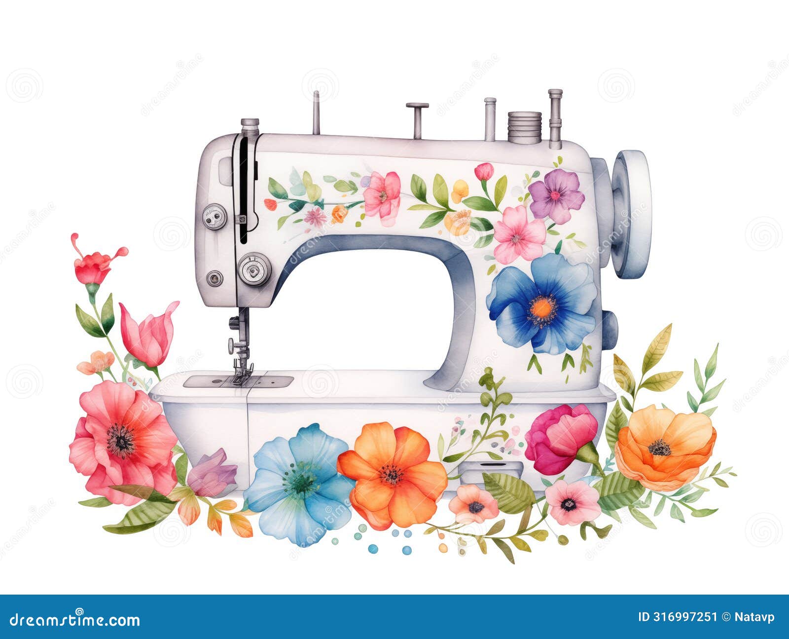 Watercolor Illustration of Sewing Machine with Flowers on White Stock ...