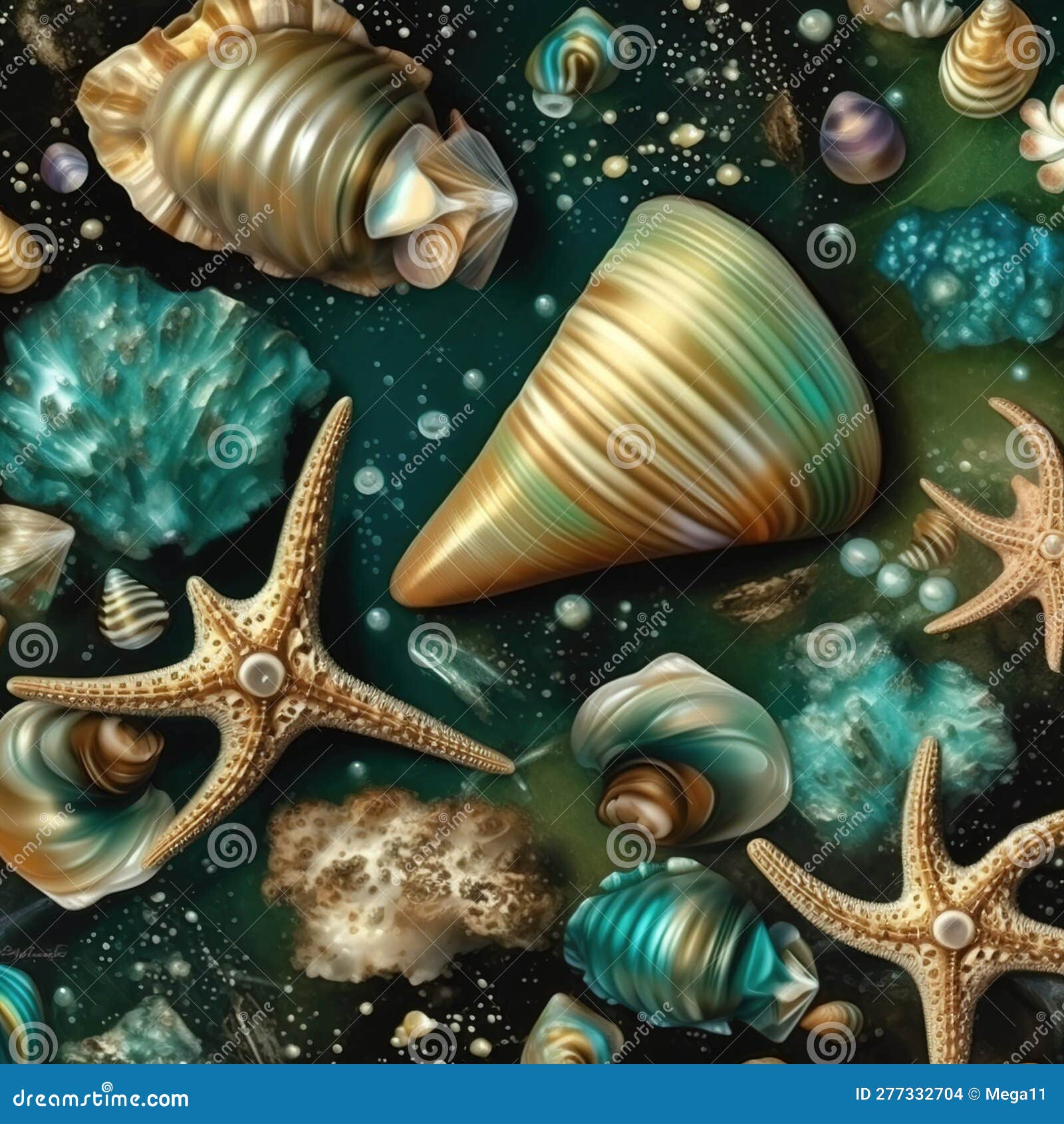 Generative AI: Illustration of Shells Collection on Glitter Background ...