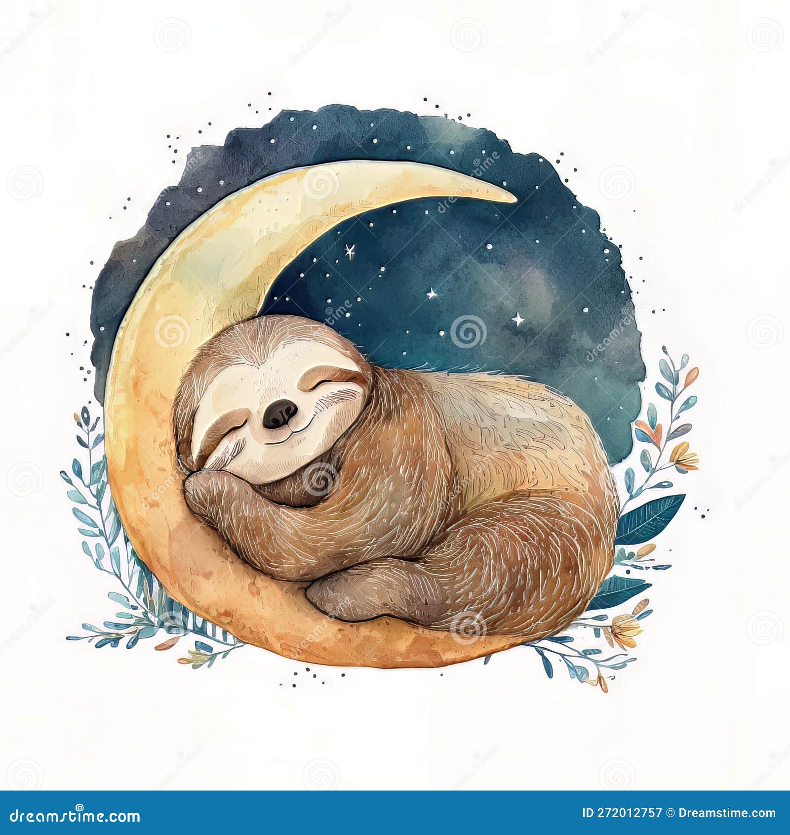 Watercolor Illustration of a Sloth Sleeping on the Moon Stock ...