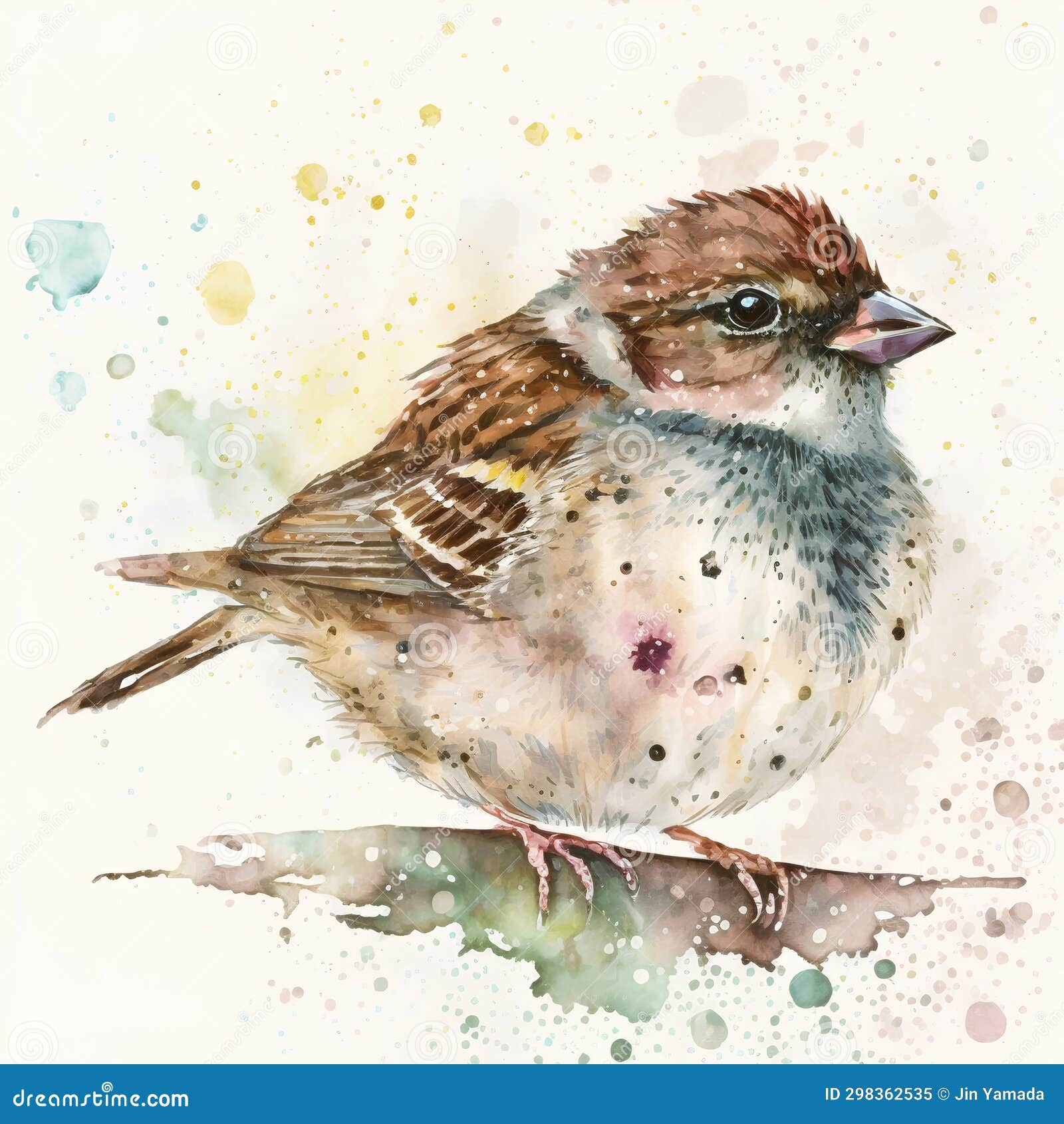 Watercolor Illustration of a Sparrow on a Branch with Watercolor ...