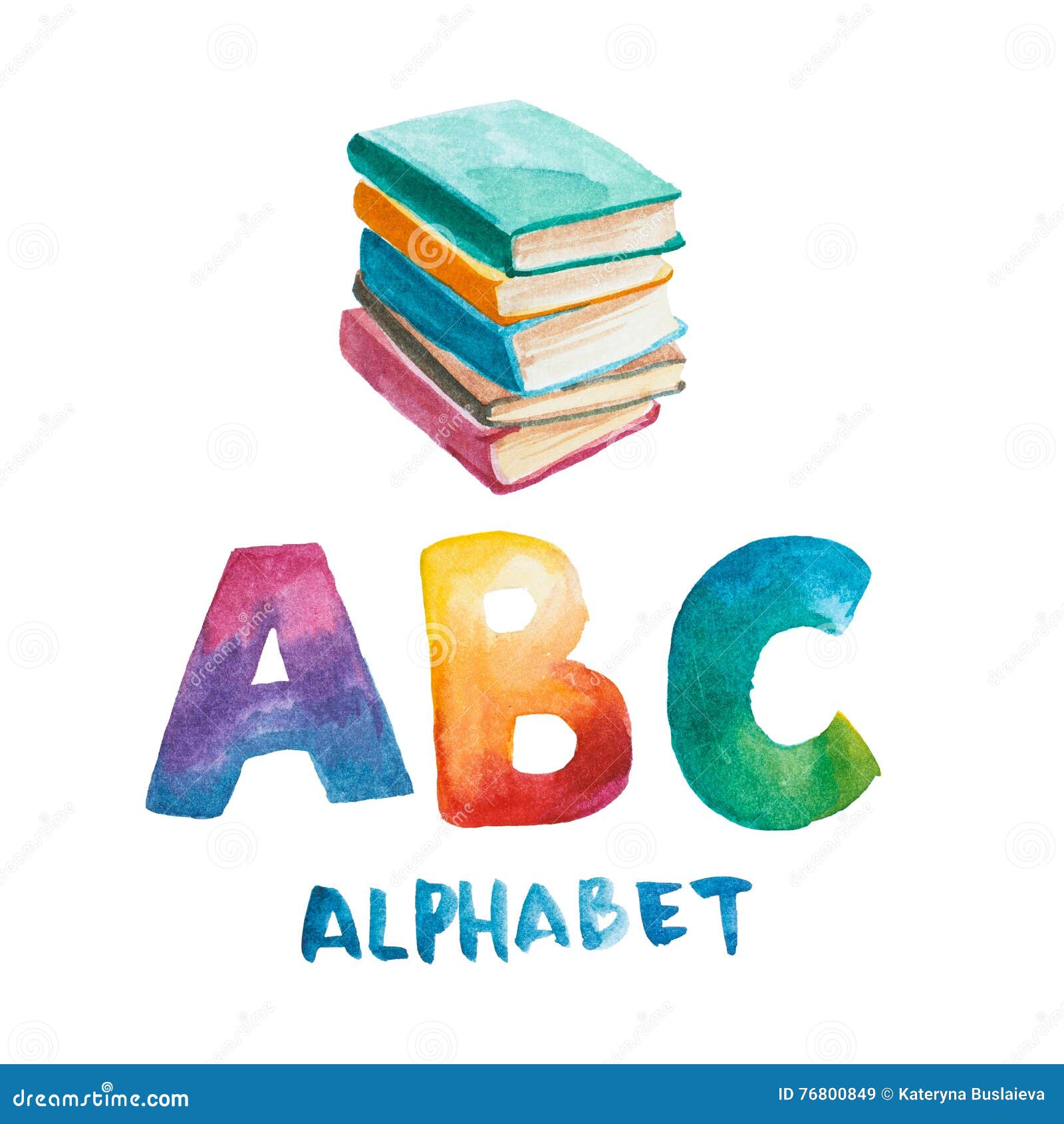 Watercolor Illustration. Stack of Books and Rainbow Letter a, B, C ...
