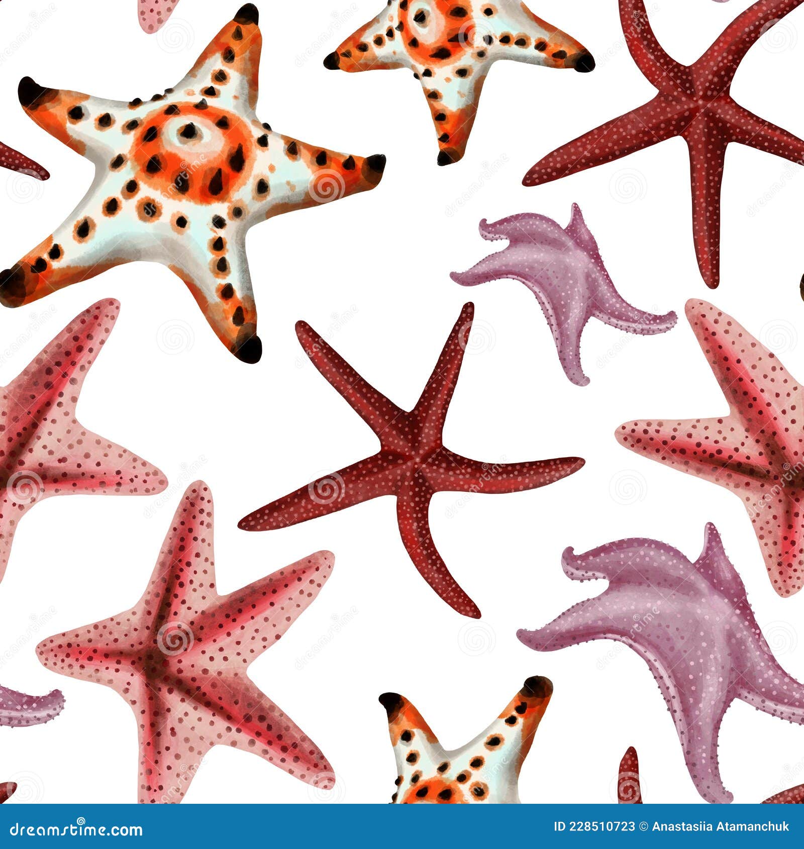 Watercolor Illustration of Starfish Seamless Pattern on Background ...