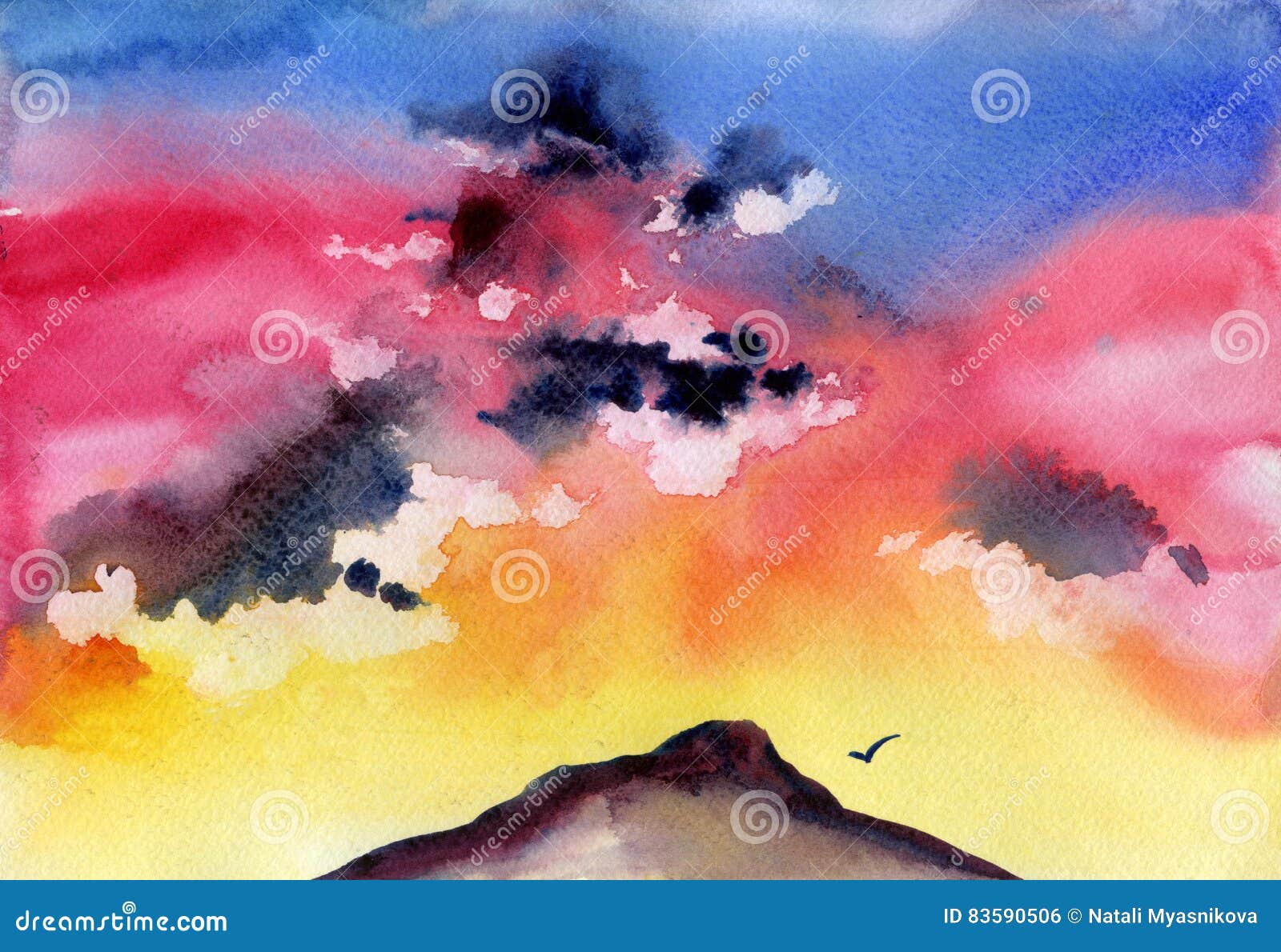 Watercolor Illustration of Sunset in the Mountains Stock Illustration ...