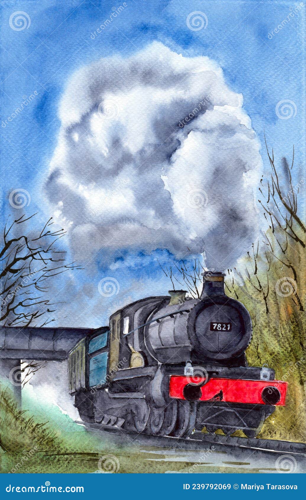 Watercolor Illustration of a Train Driving Under a Railway Bridge Stock ...