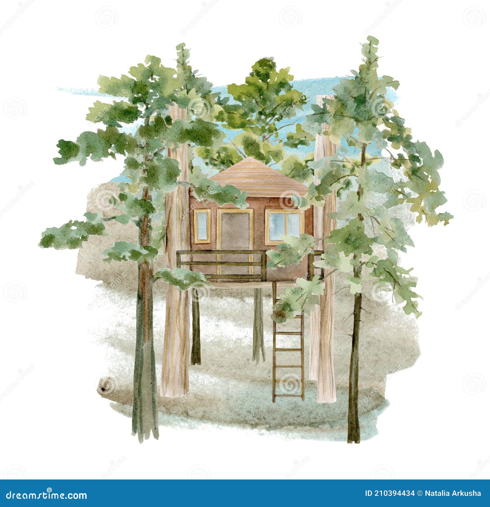 Watercolor Illustration of a Tree House in the Forest. Stock ...