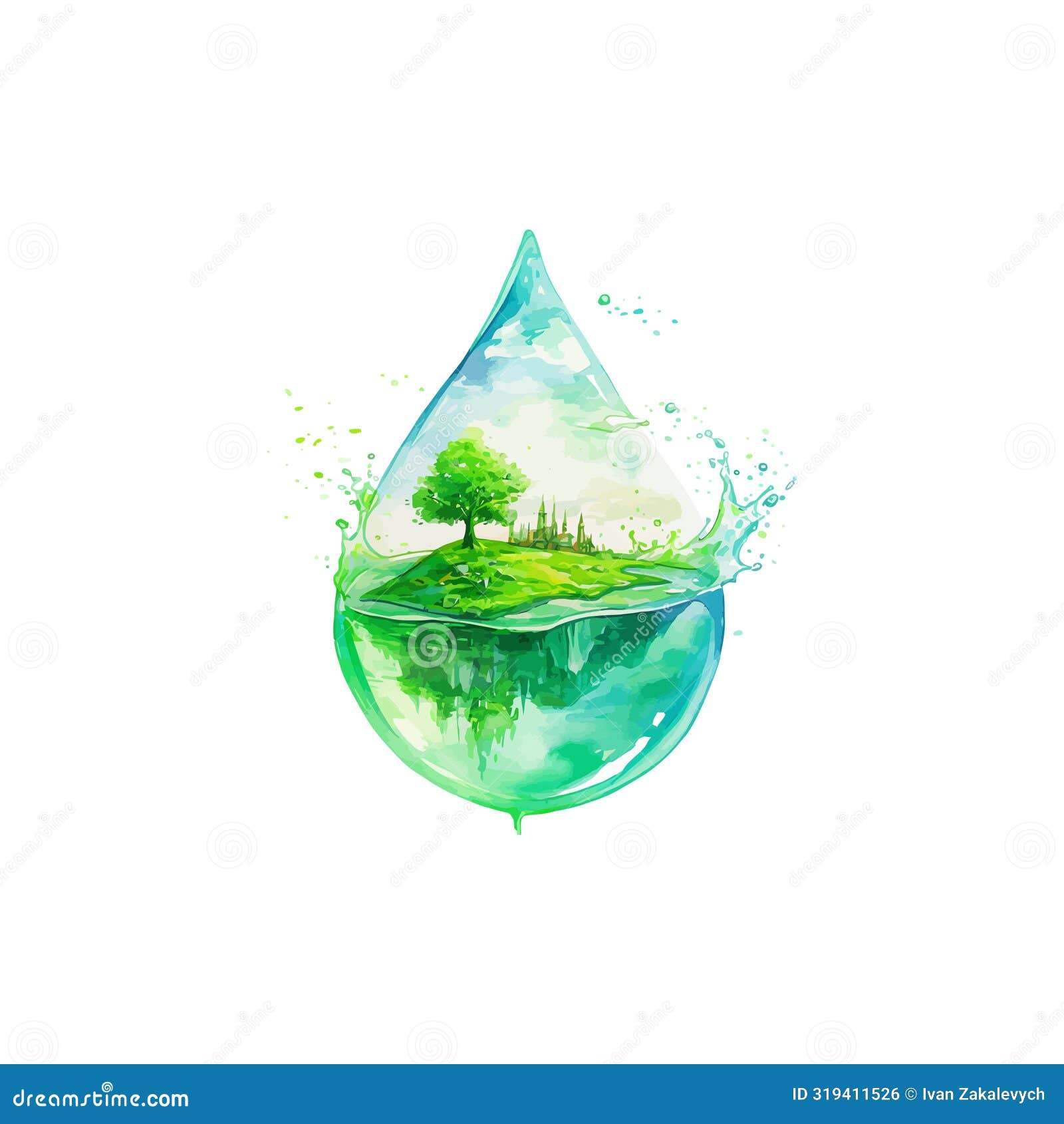 Watercolor Illustration of Tree Inside Water Droplet. Vector ...