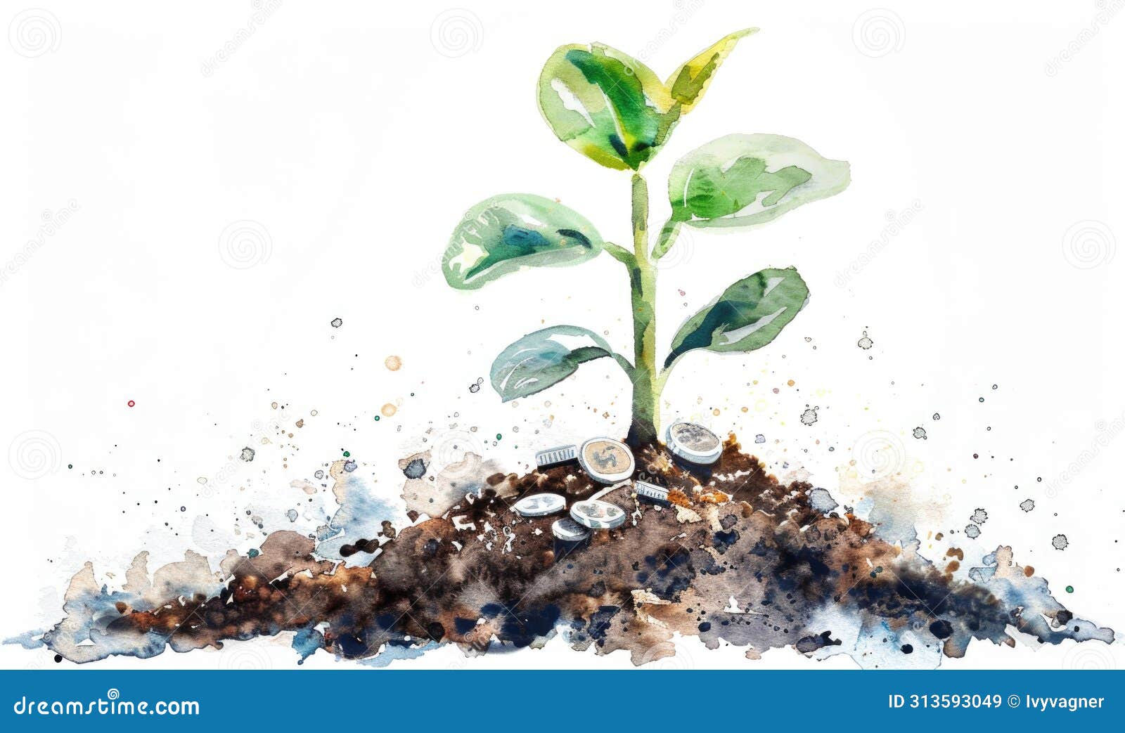 Watercolor Illustration of a Tree Sprout with Coins Around it Stock ...