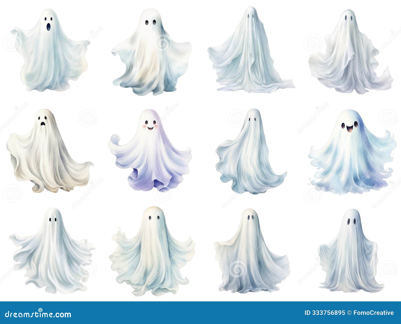Watercolor Illustration of Twelve Friendly Ghosts Stock Illustration ...