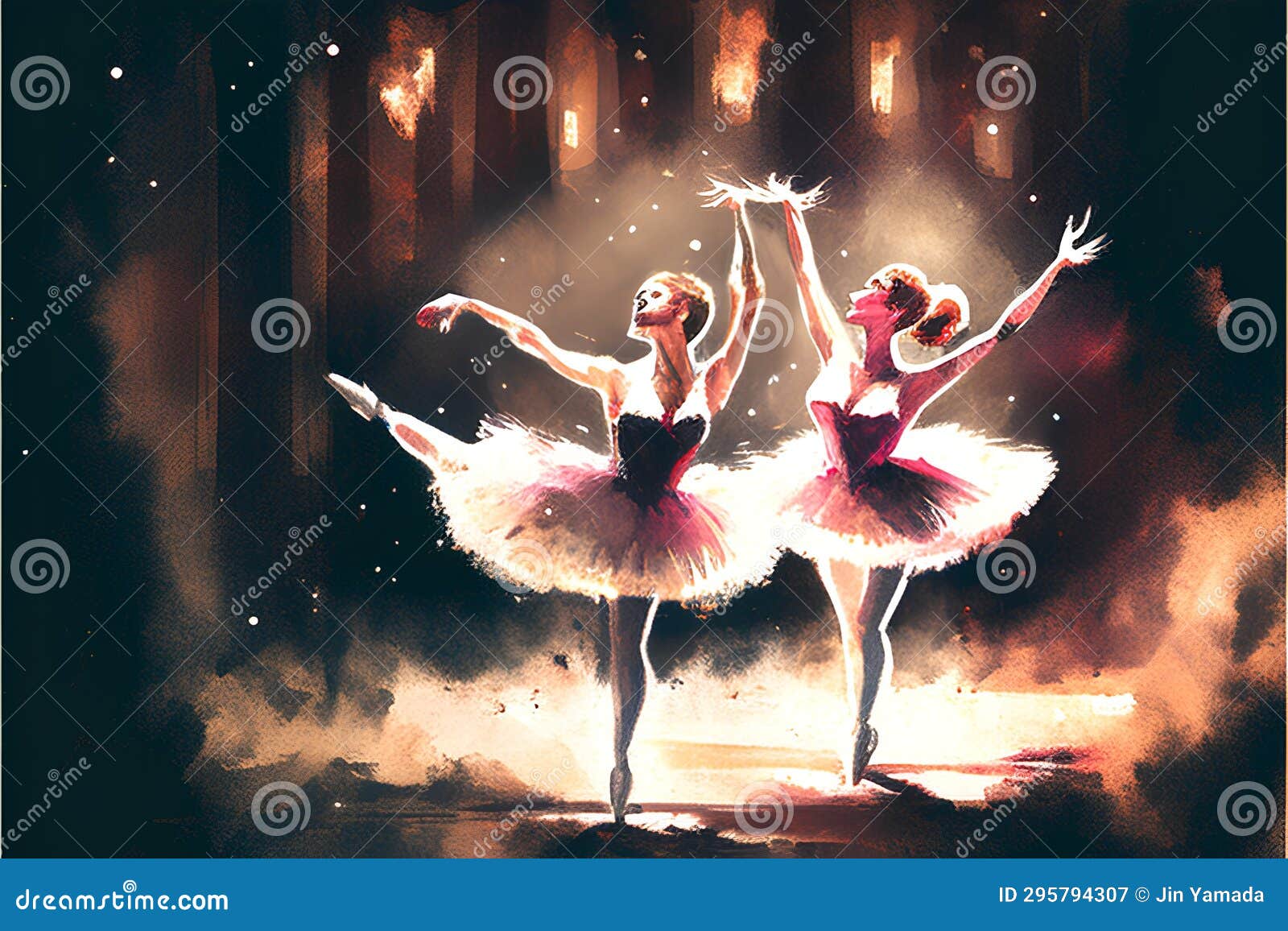 Watercolor Illustration of Two Ballerinas Dancing in the Dark. Stock Illustration - Illustration ...