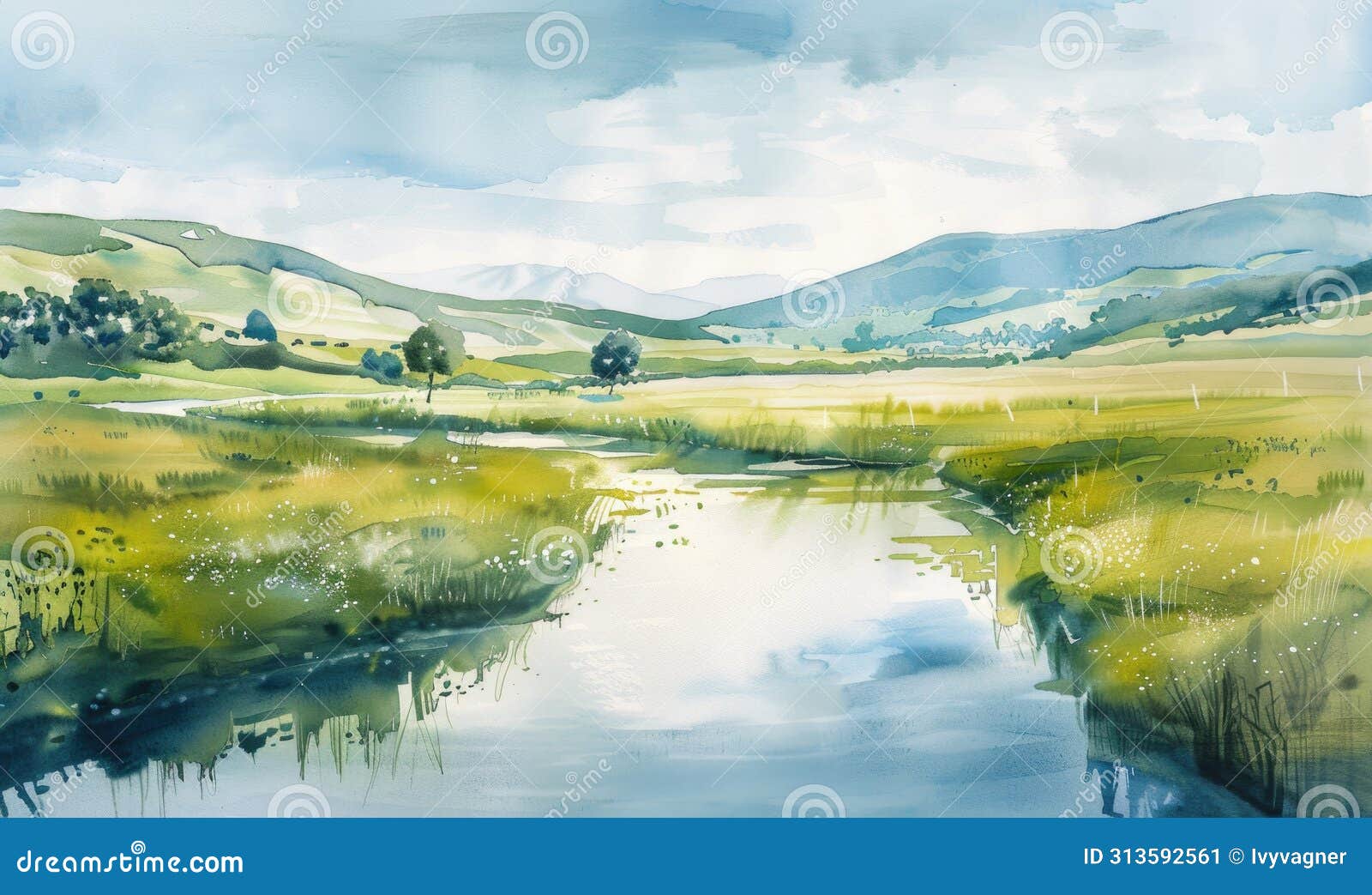 A Watercolor Illustration of Valley with Calm River Flowing through ...