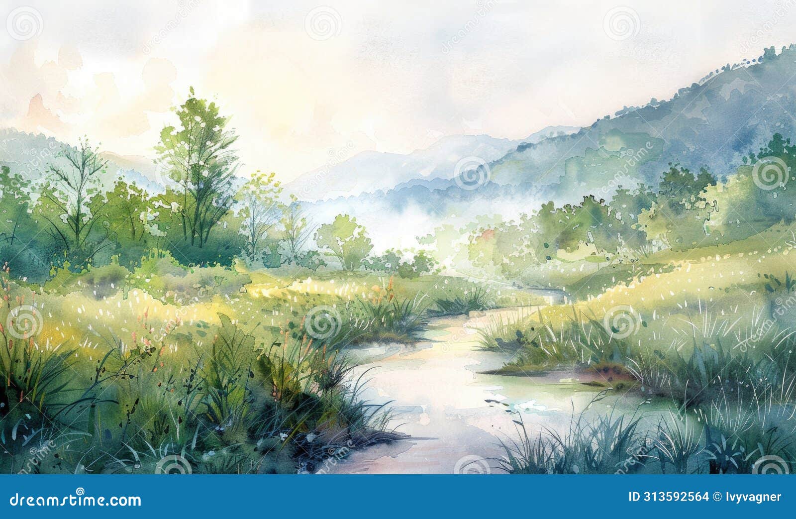 A Watercolor Illustration of Valley with Calm River Flowing through ...