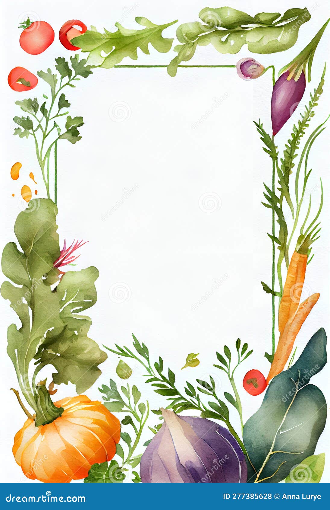 Watercolor Illustration with Vegetables and Borders. Postcard with ...