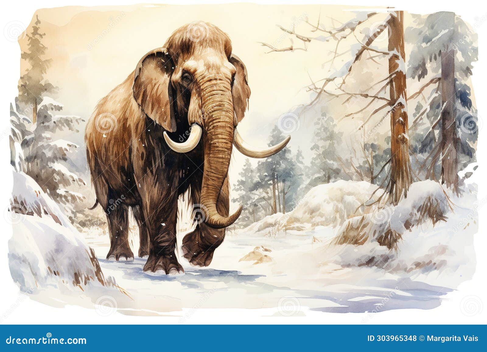 Watercolor Illustration of Woolly Mammoth Walking in Winter Snowy ... Watercolor Illustration of Woolly Mammoth Walking in Winter Snowy ...