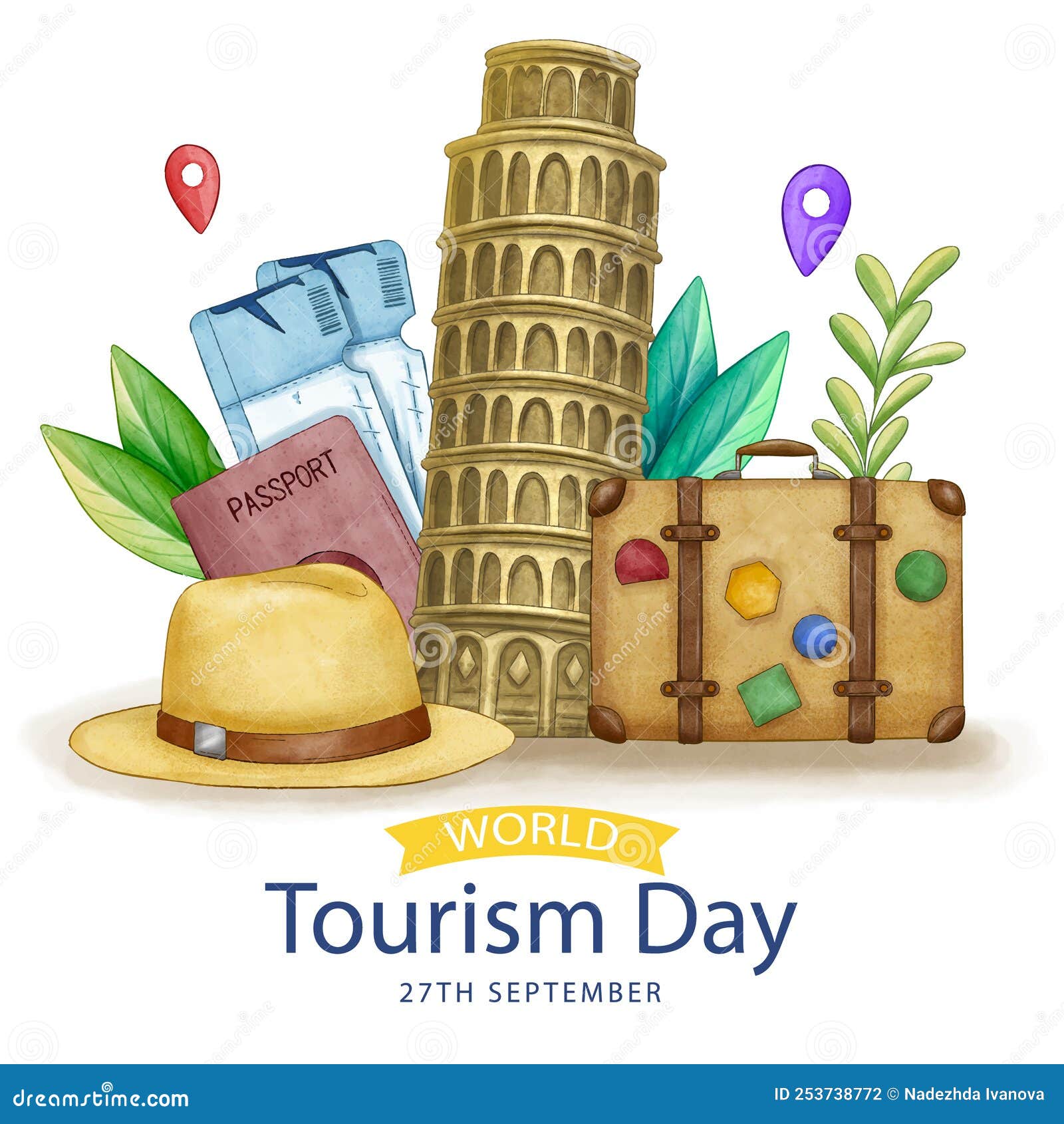 Watercolor Illustration for World Tourism Day Vector Illustration Stock ...