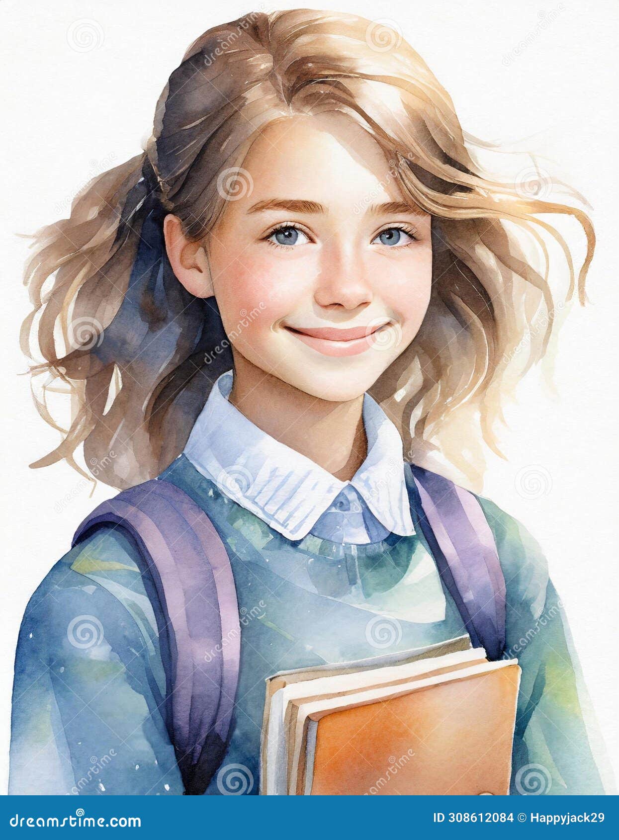 Watercolor Illustration of Young Pupil Girl with Backpack Portrait ... Watercolor Illustration of Young Pupil Girl with Backpack Portrait ...