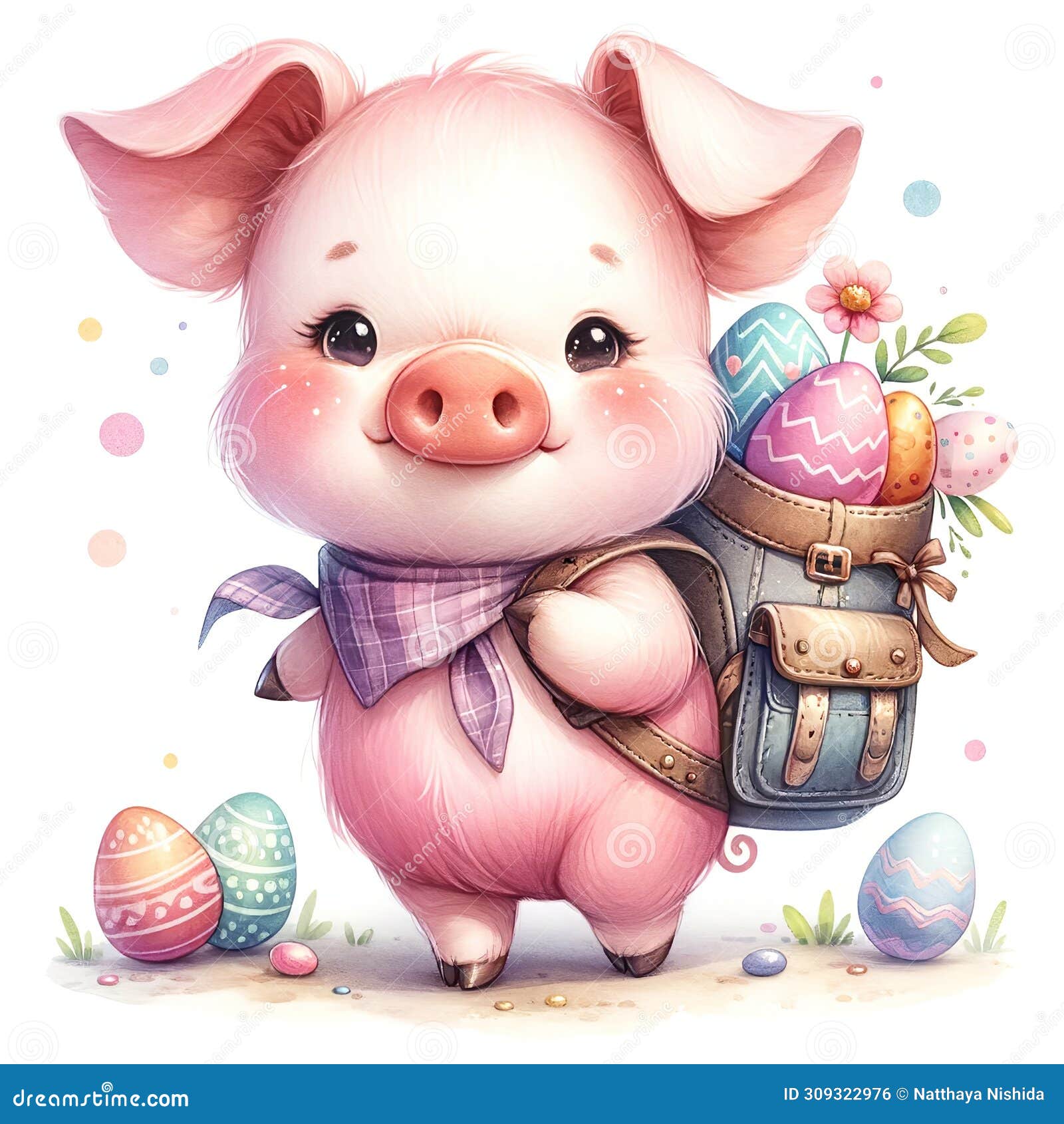 Pig with a Backpack and Easter Eggs. Watercolor Illustrations on a ...
