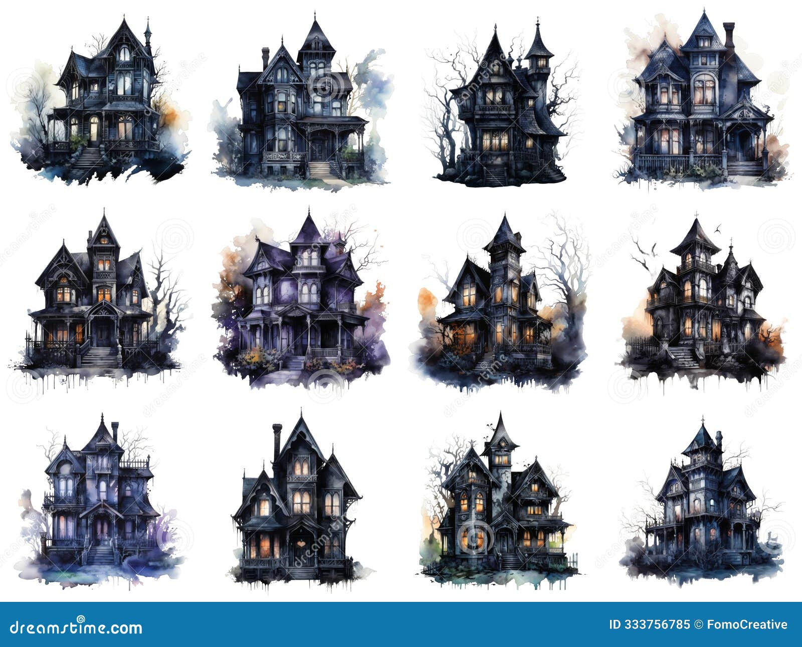 Watercolor Illustrations of Haunted Victorian Houses Stock Illustration ...