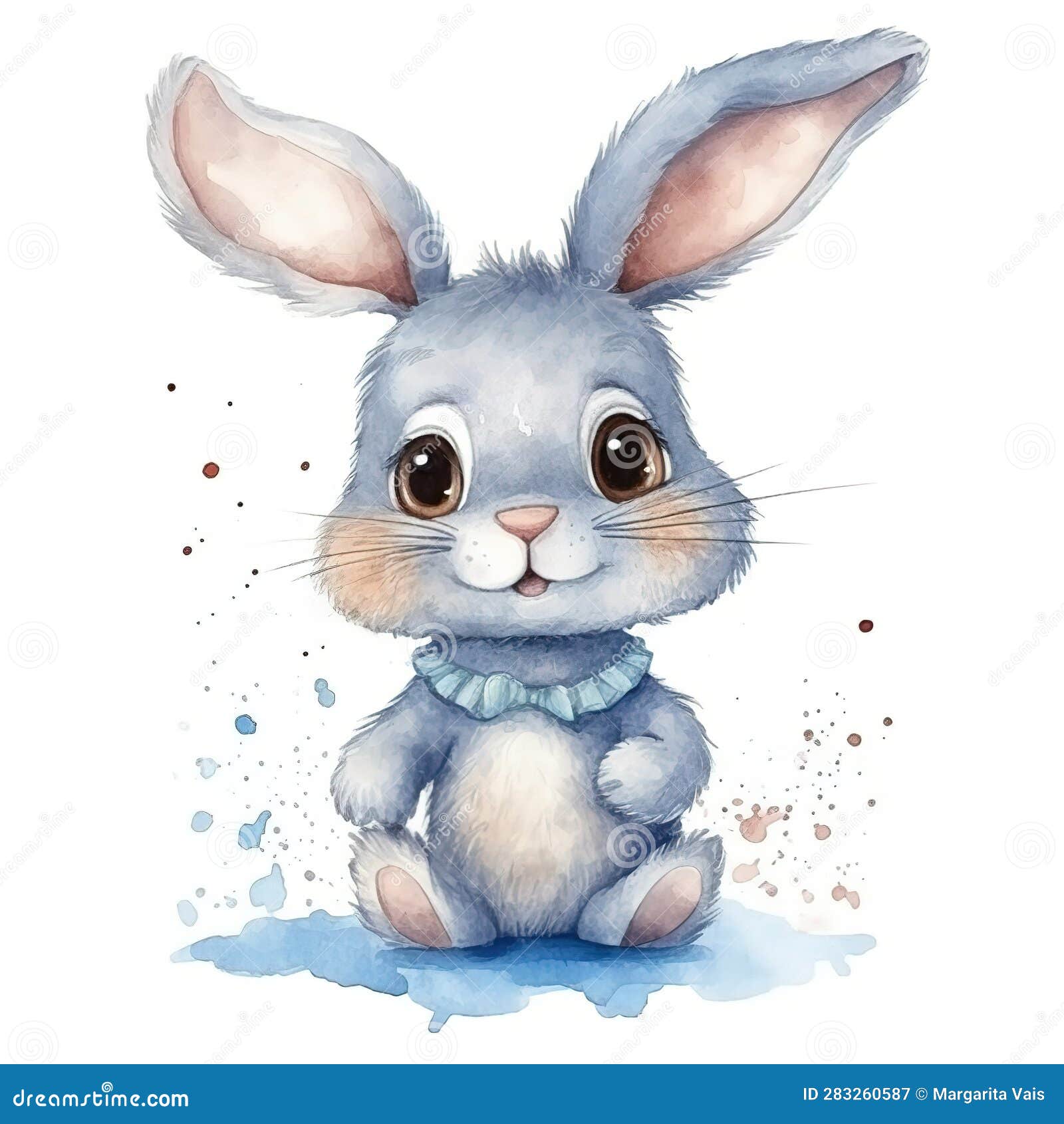 Watercolor Image of a Cute Cartoon Blue Rabbit on a White Background ...
