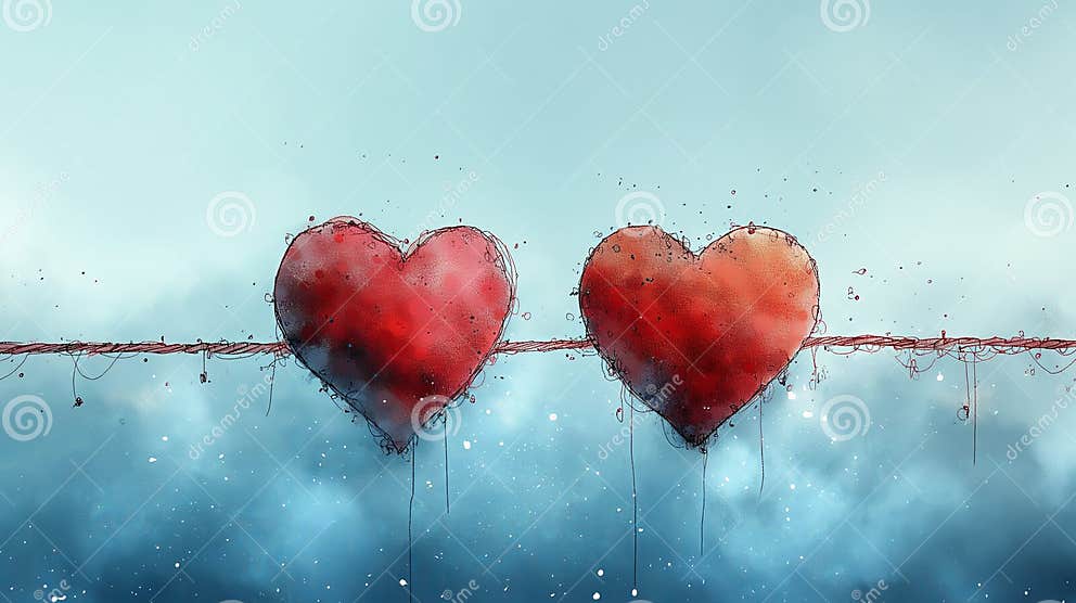 Watercolor Image of Heart Connect through a String with the Sky Stock ...