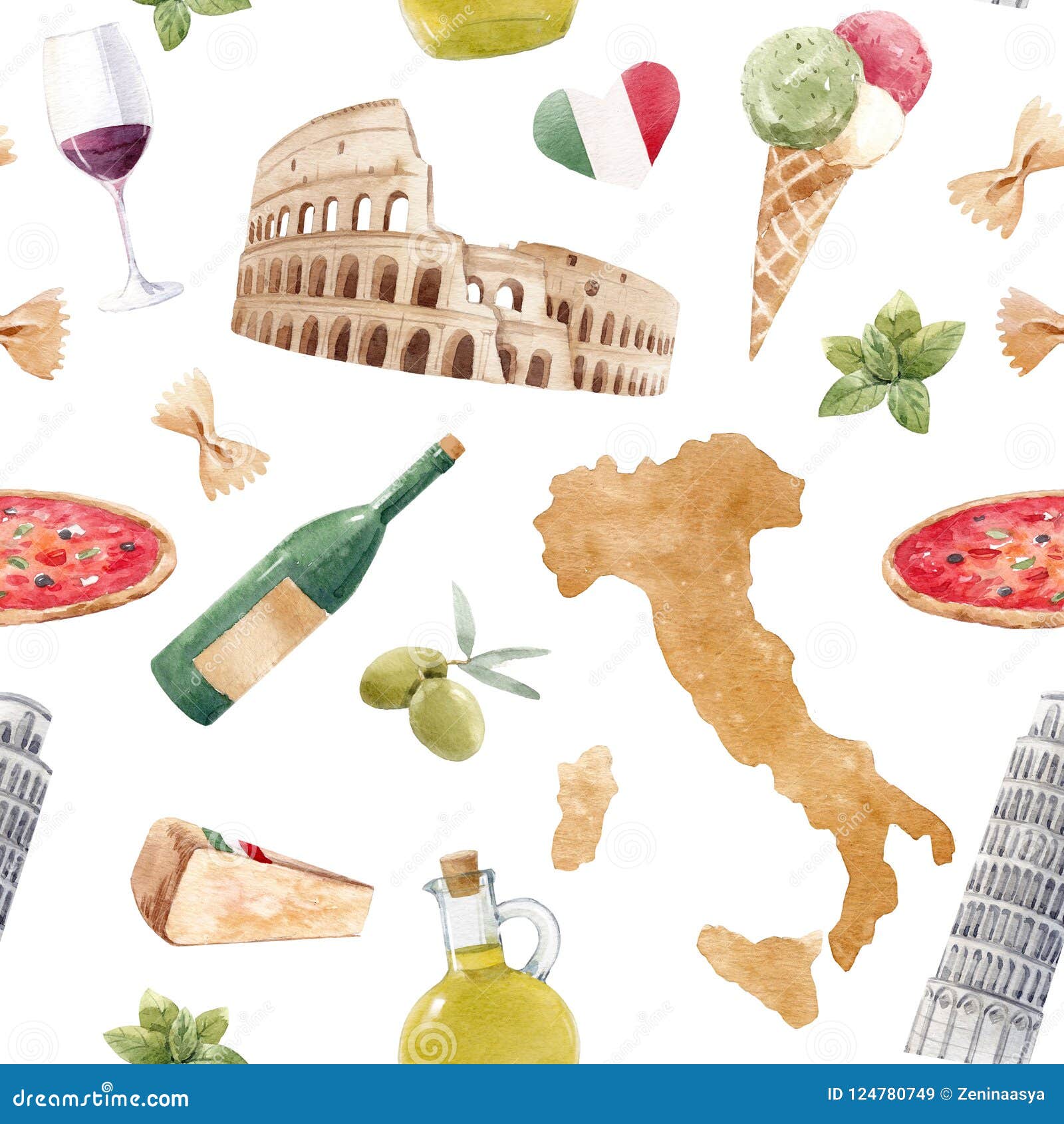 Watercolor italian pattern stock illustration. Illustration of basil ...