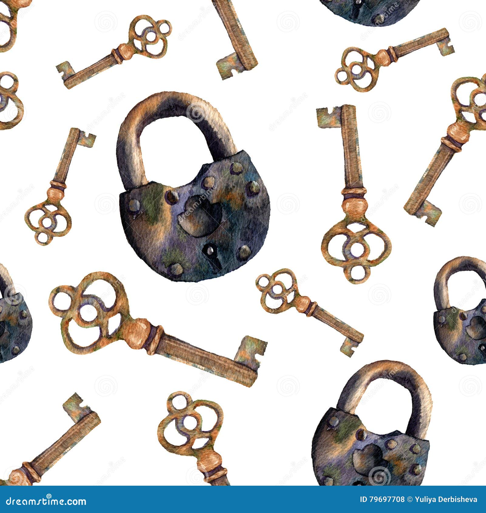 Watercolor Key and Padlock Seamless Pattern on White Background ...