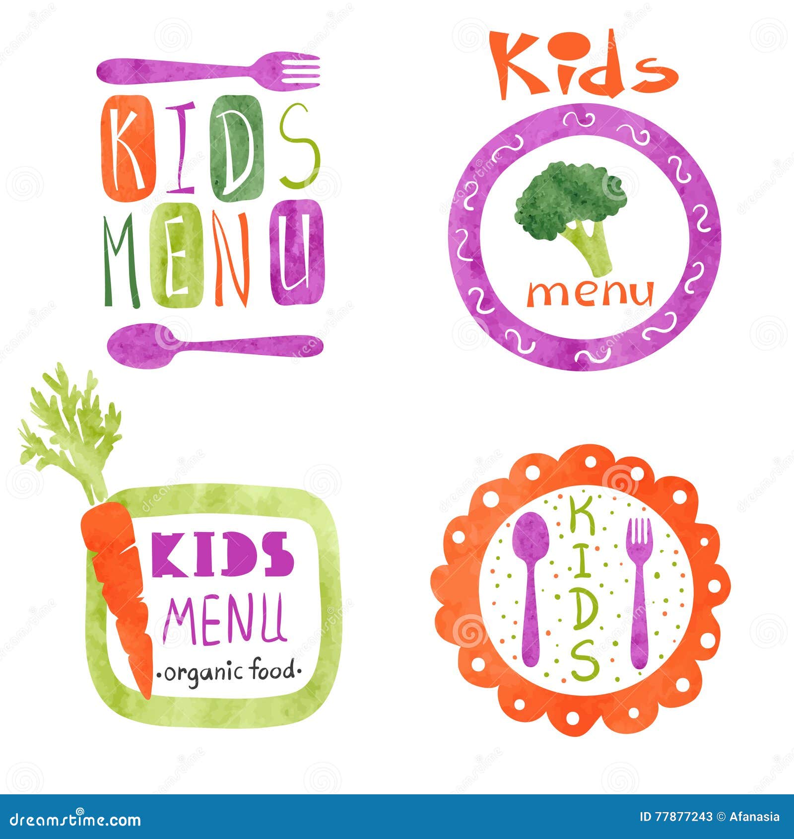 Watercolor Kids Menu Logo Design Set. Stock Vector - Illustration of ...