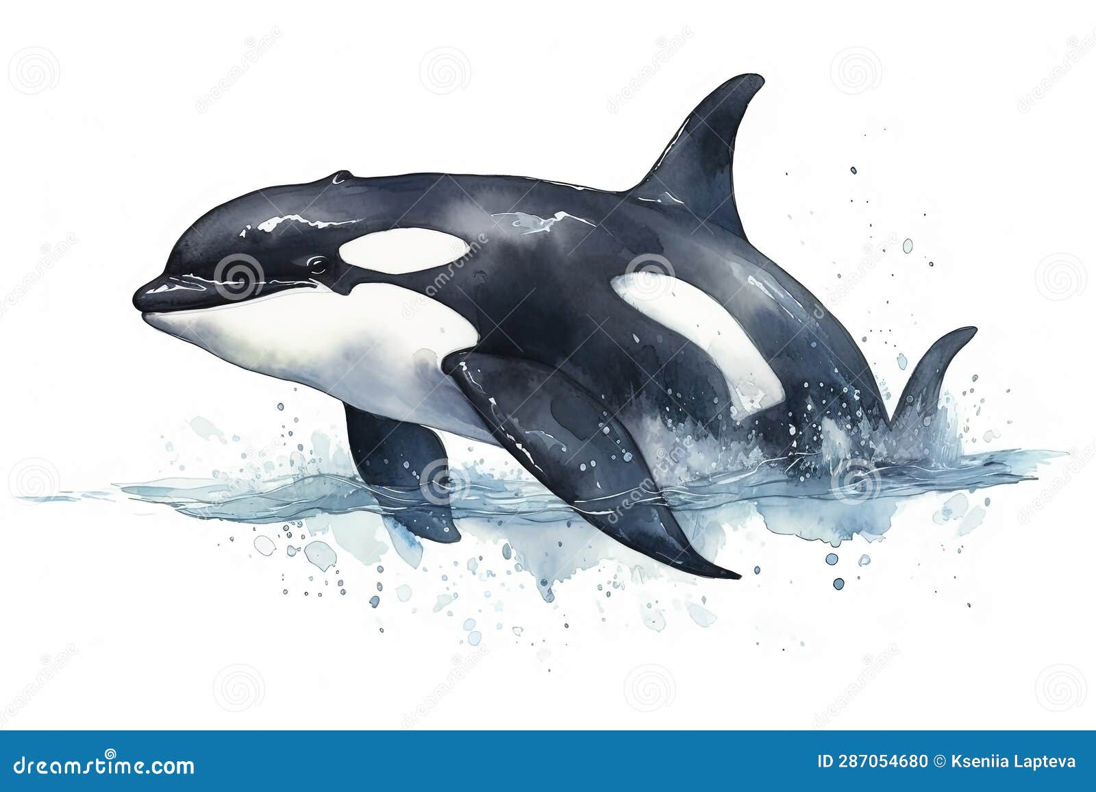 Watercolor Killer Whale Isolated On White Background, Orca Hand Drawn ...