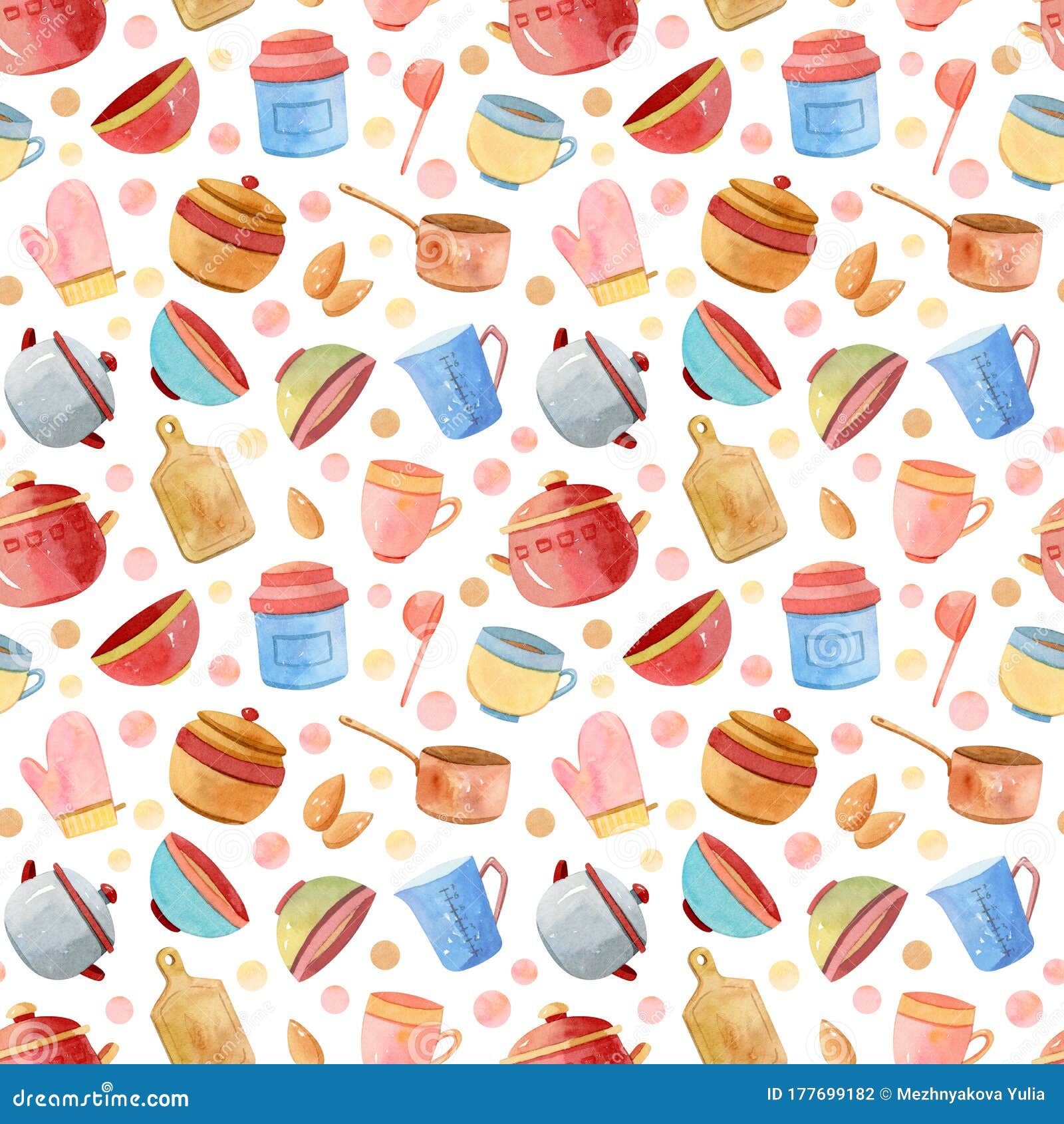 Watercolor Kitchen Accessories, Utensils Seamless Pattern, Background ...