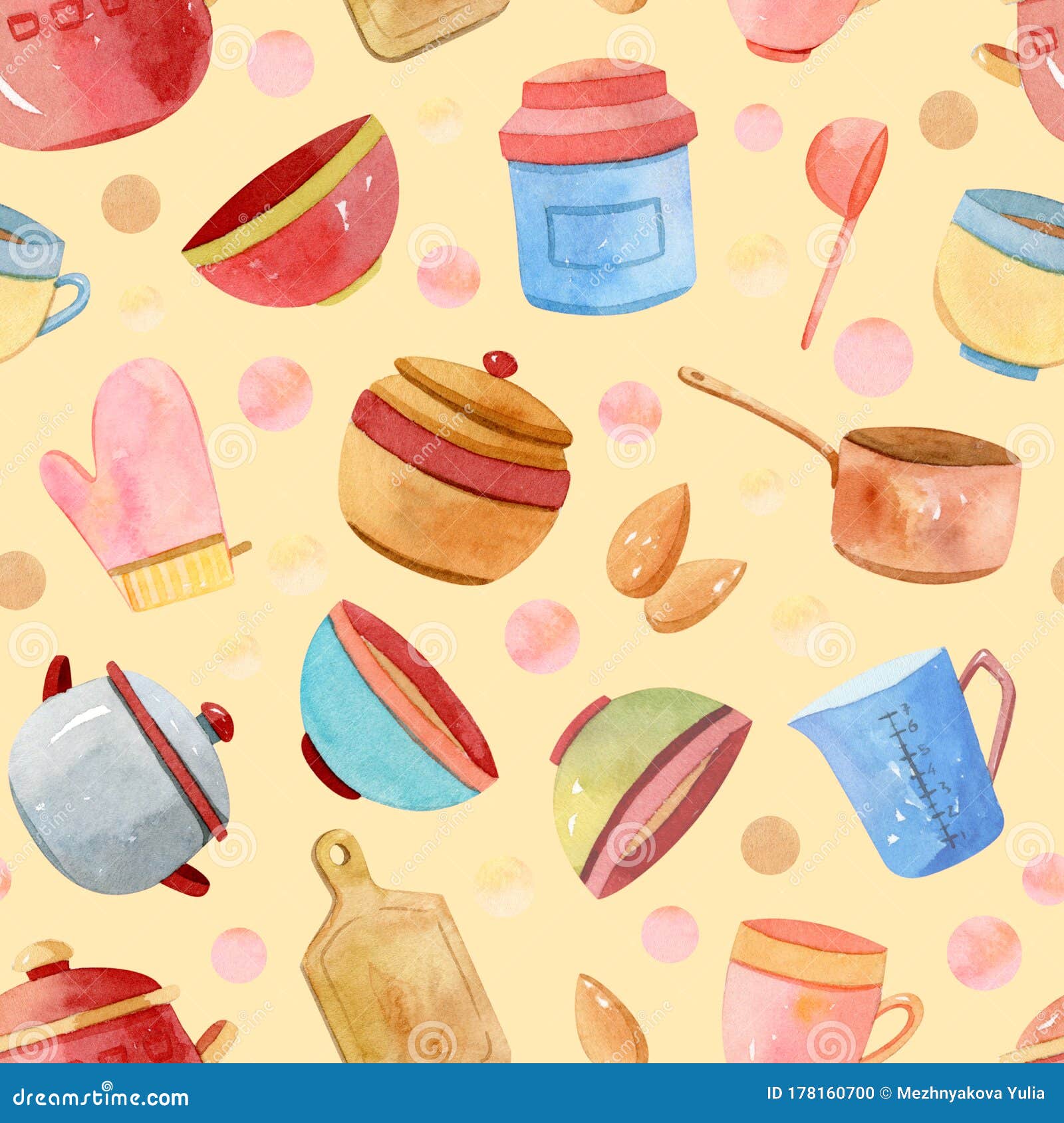 Watercolor Kitchen Accessories, Utensils Seamless Pattern, Background ...